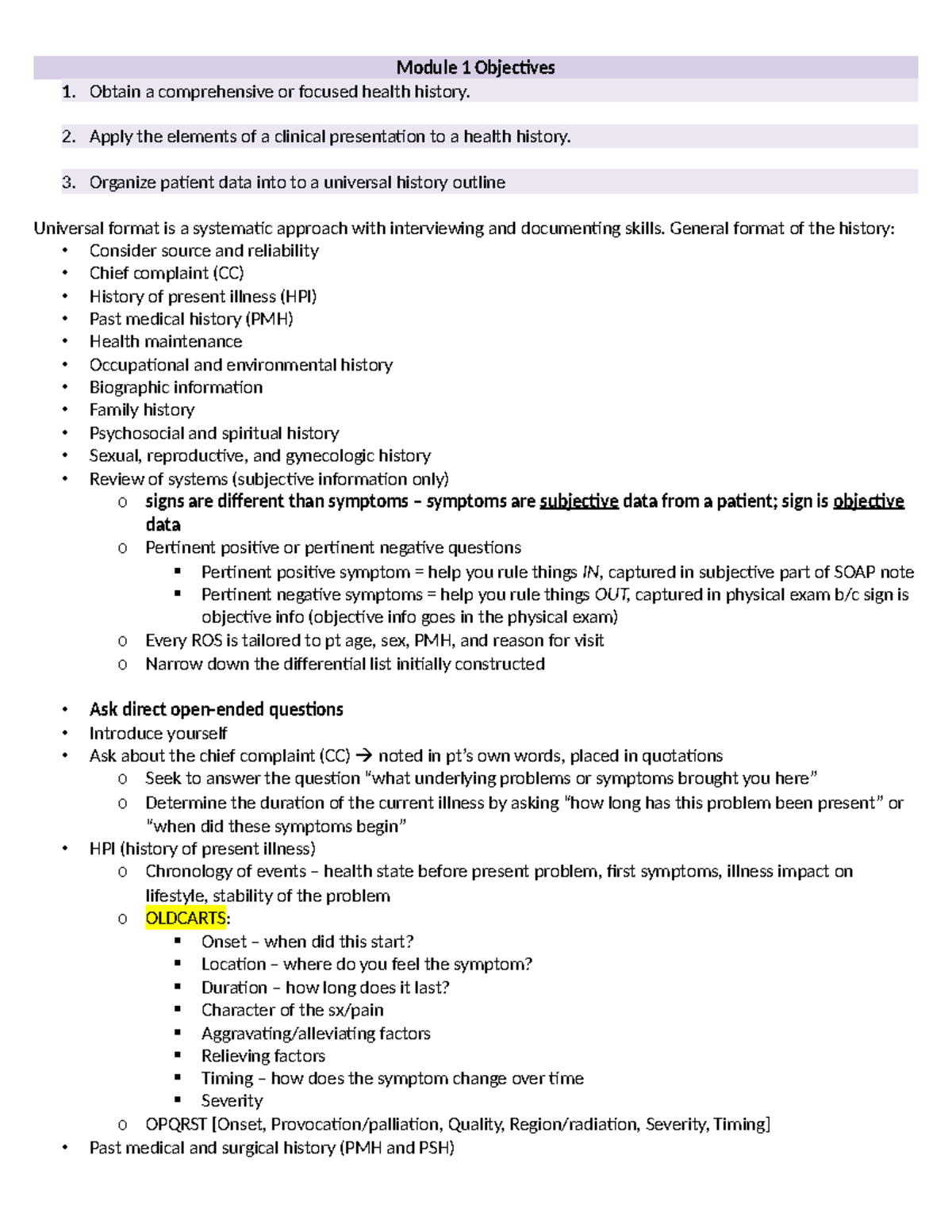 Exam 1 Study Guide - Module 1 Objectives Obtain a comprehensive or ...