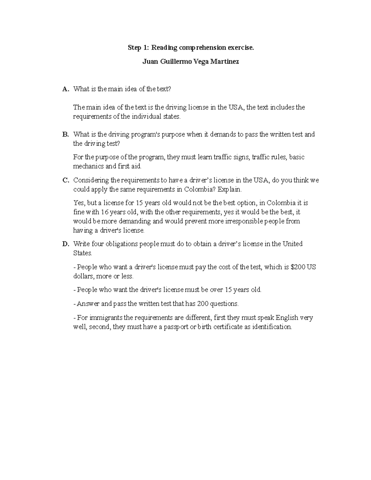 Step 1 Reading comprehension exercise - Juan Vega - Step 1: Reading ...