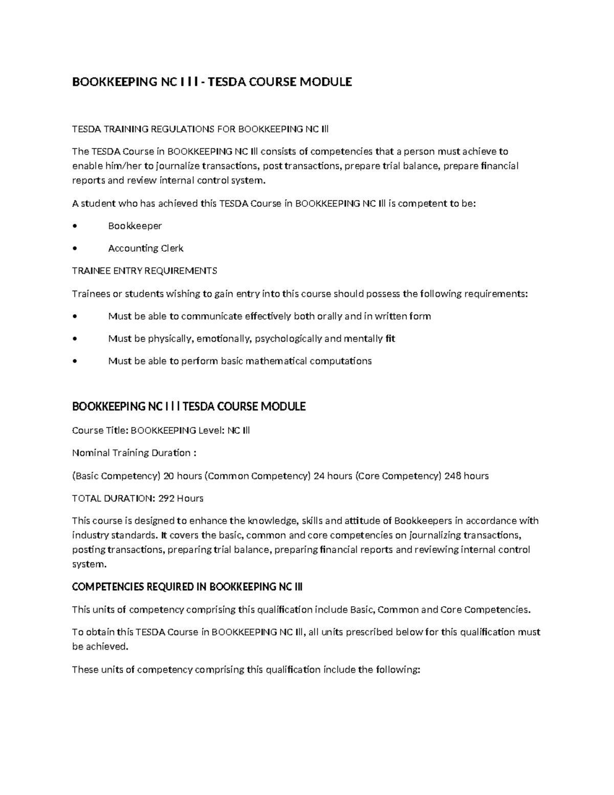 Full bkp topics - BOOKKEEPING NC I l l - TESDA COURSE MODULE TESDA ...