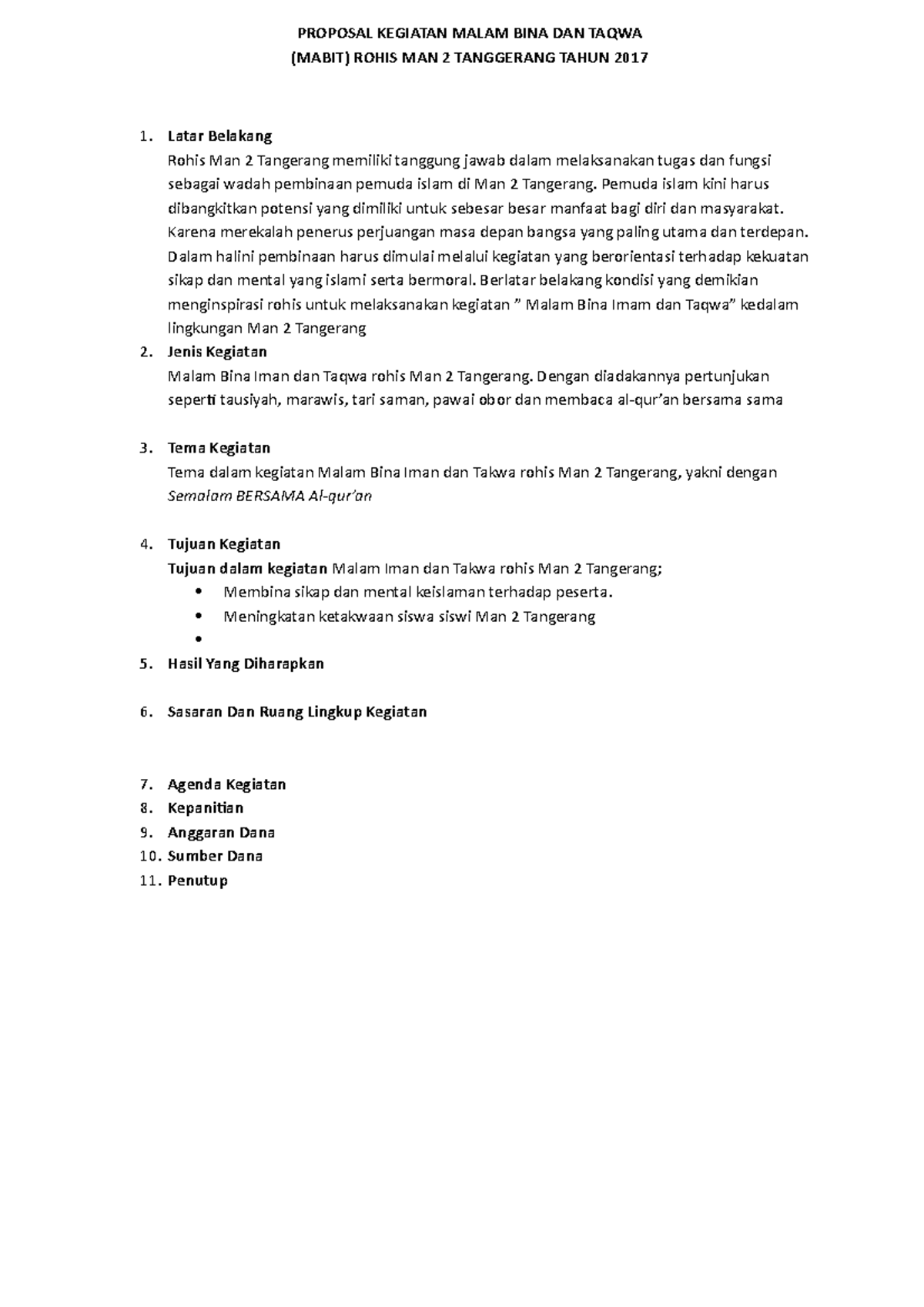 Proposalllllll MPB - PROPOSAL KEGIATAN MALAM BINA DAN TAQWA (MABIT) ROHIS MAN 2 TANGGERANG TAHUN ...