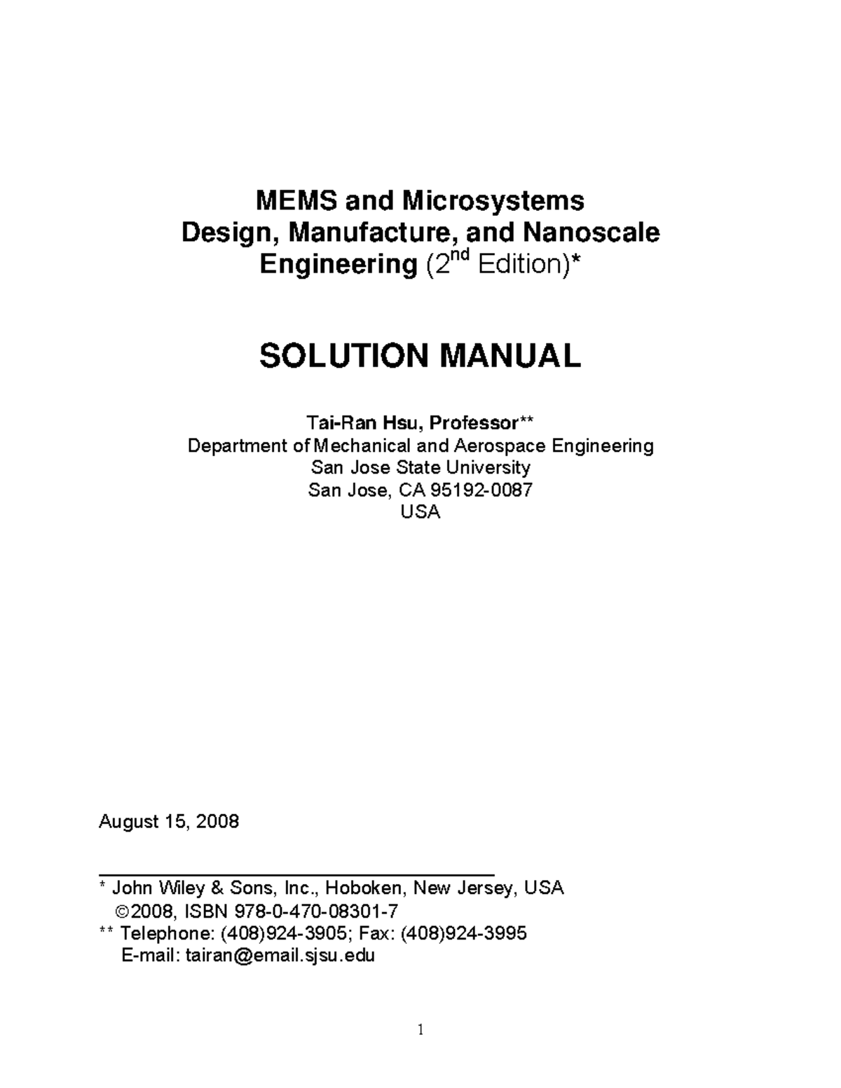 Solution manual-Tai Ran Hsu - MEMS and Microsystems Design, Manufacture, and Nanoscale ...