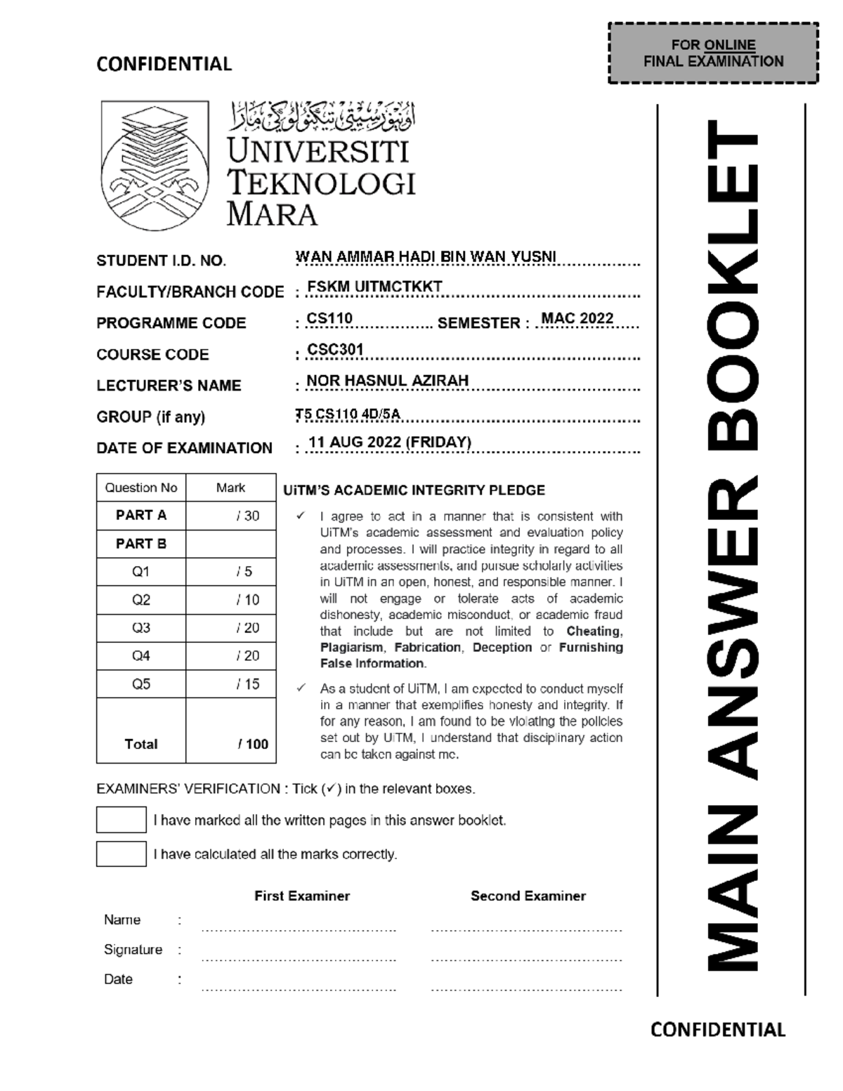 csc301 - visual program - CONFIDENTIAL EXAMINATION WAN AMMAR HADI BIN ...