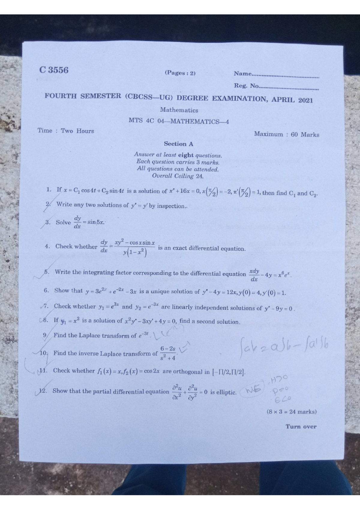 QP 4 - 4TH SEM Complimentary Maths - C 3556 (Pages : 2) Name Reg. No ...