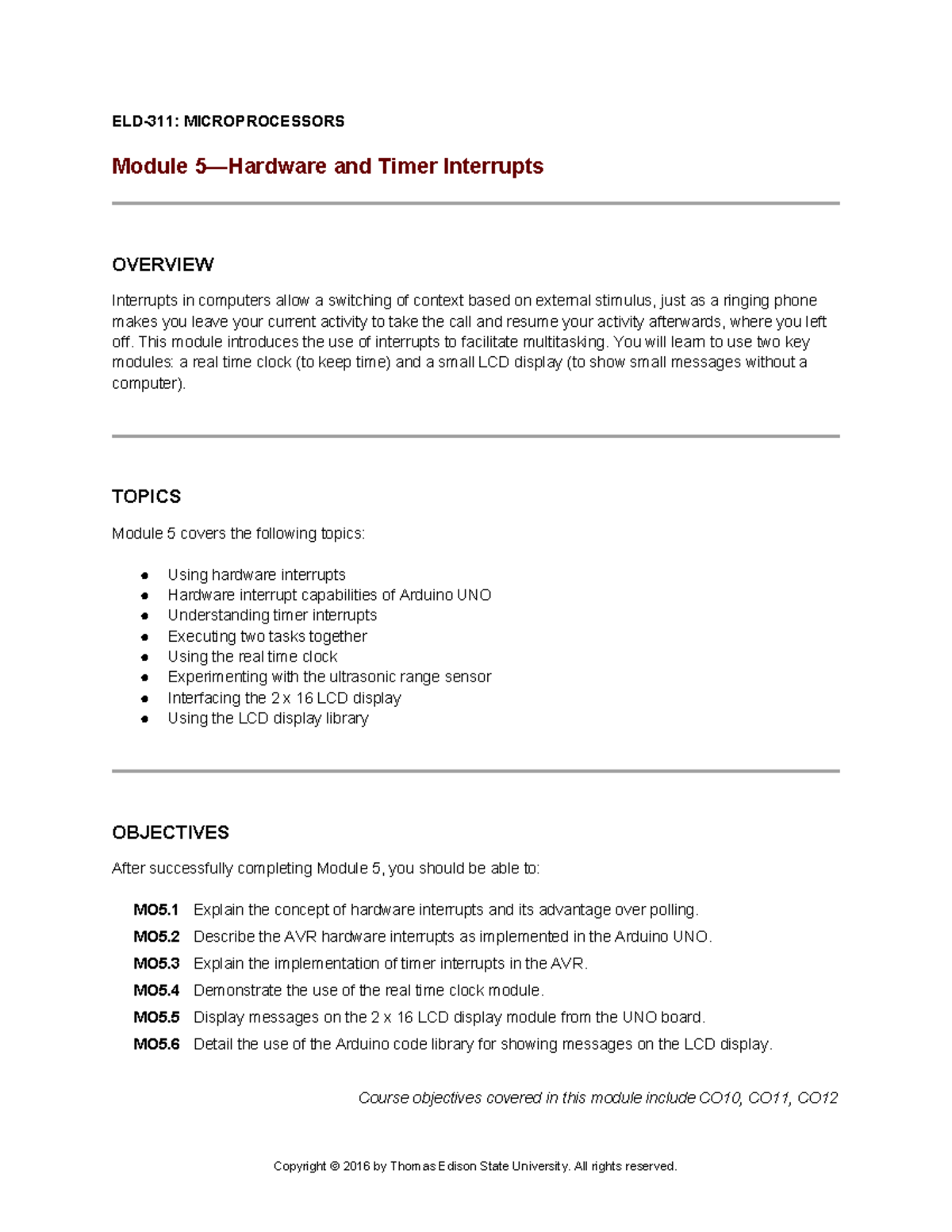 Module 5 ELD-311-jul16 - ELD-311: MICROPROCESSORS Module 5—Hardware and ...