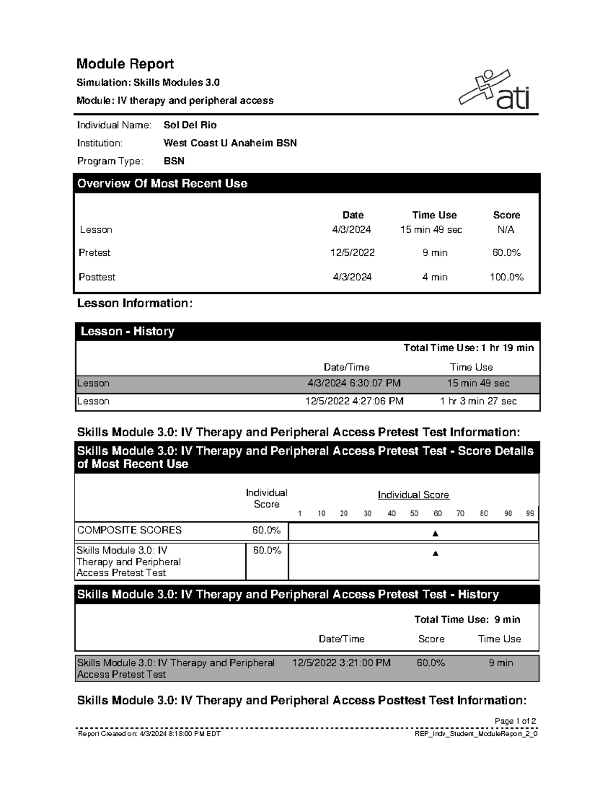 IV therapy - ati results - Module Report Simulation: Skills Modules 3 ...