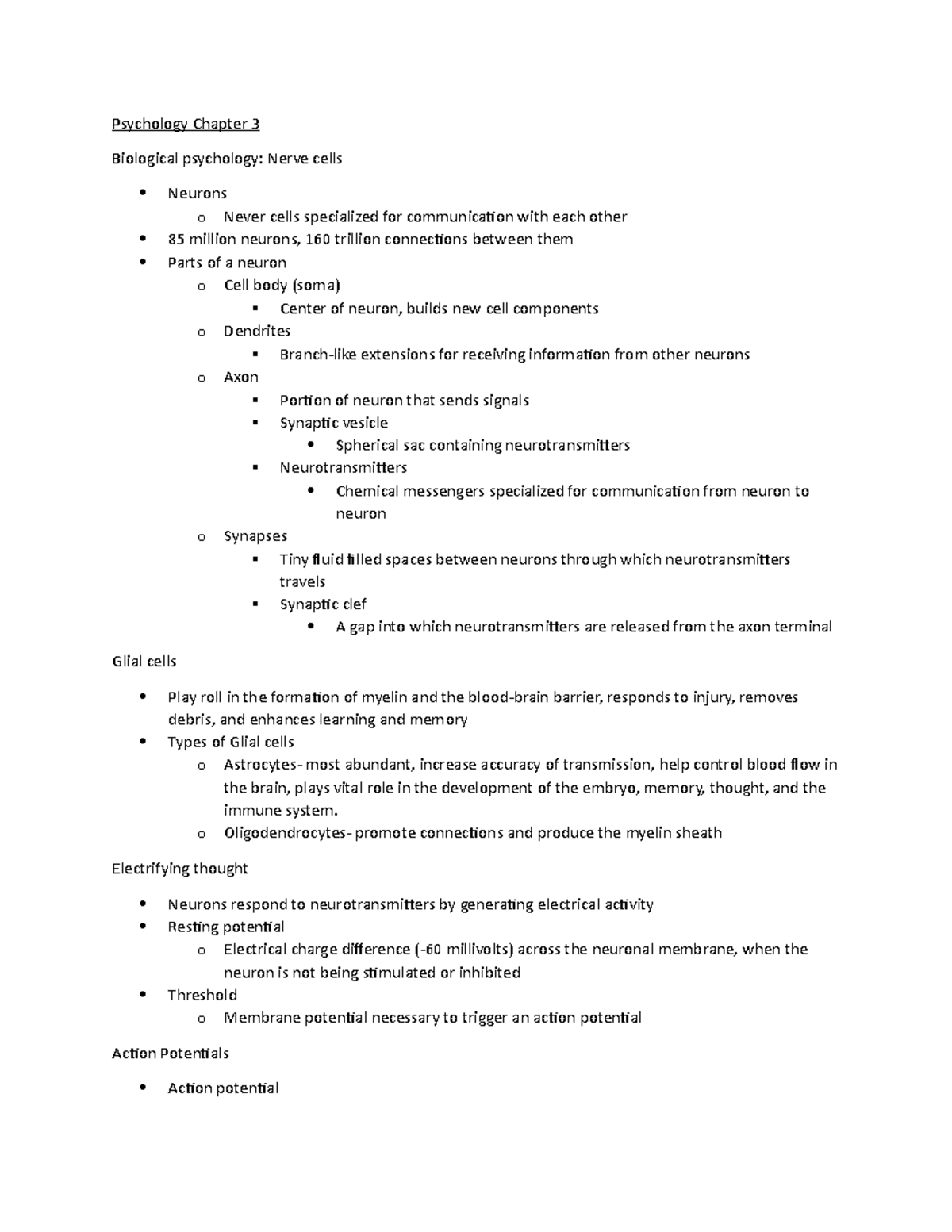 Psychology Chapter 3 Notes - Psychology Chapter 3 Biological psychology ...