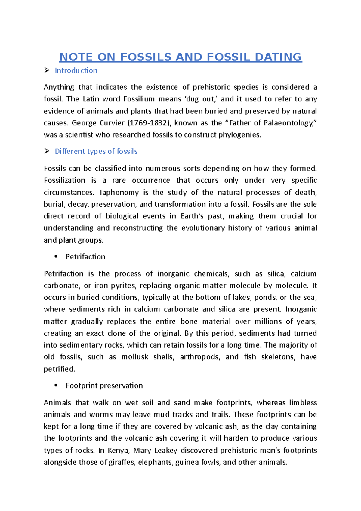 Note on fossils and fossil dating - NOTE ON FOSSILS AND FOSSIL DATING ...