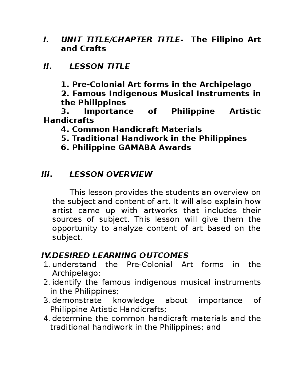 Arts Appreciation- The Filipino Art and Crafts - I. UNIT TITLE/CHAPTER ...