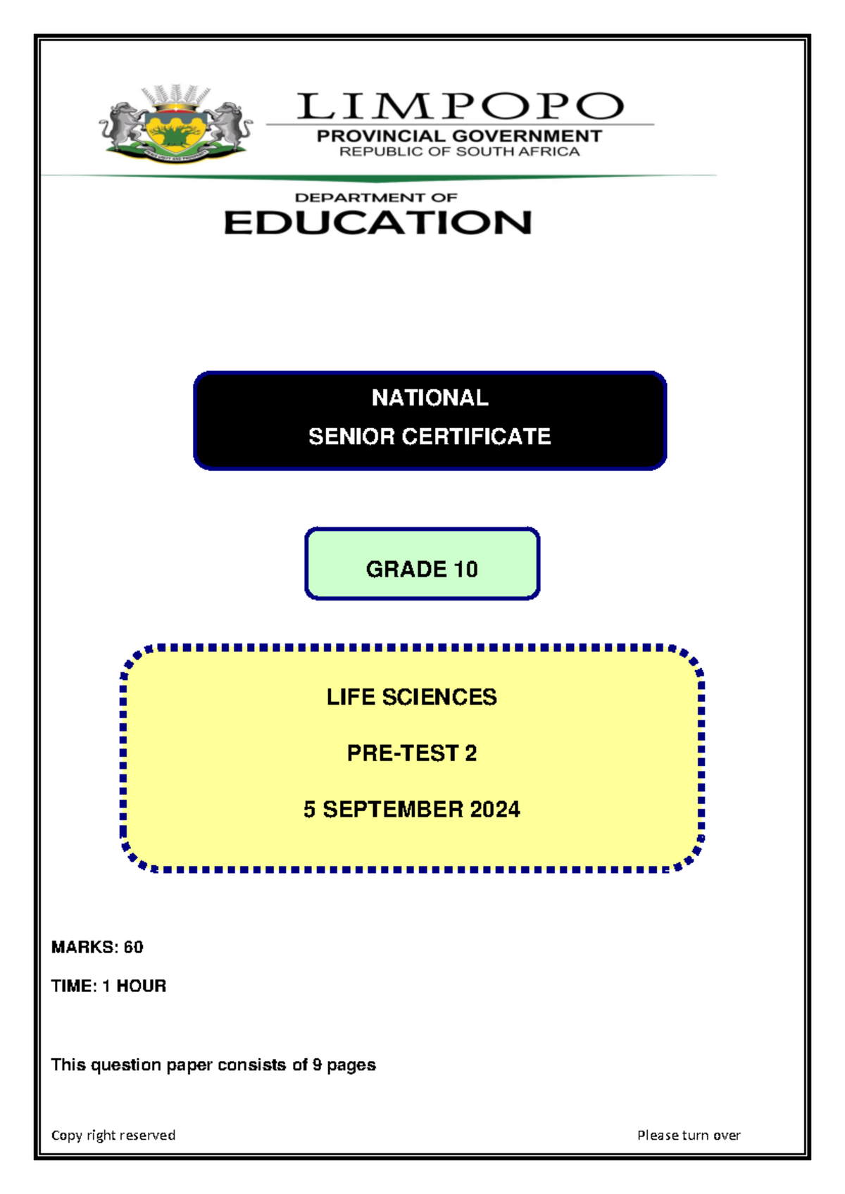 2024 09 05 LIM LFSC Pre Test 2 Gr10 QP ENG - MARKS: 60 TIME: 1 HOUR ...