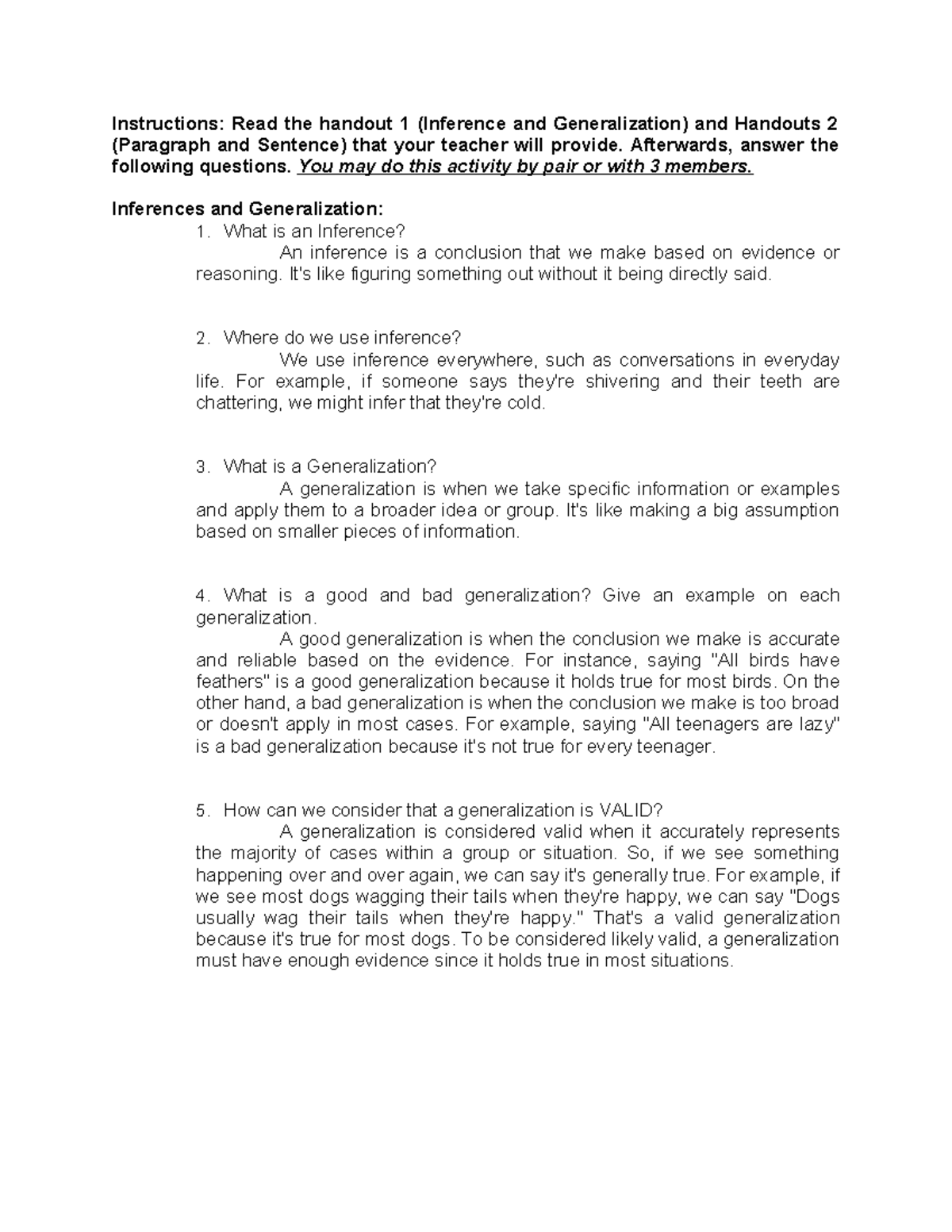 Inferences and Generalization - Afterwards, answer the following ...