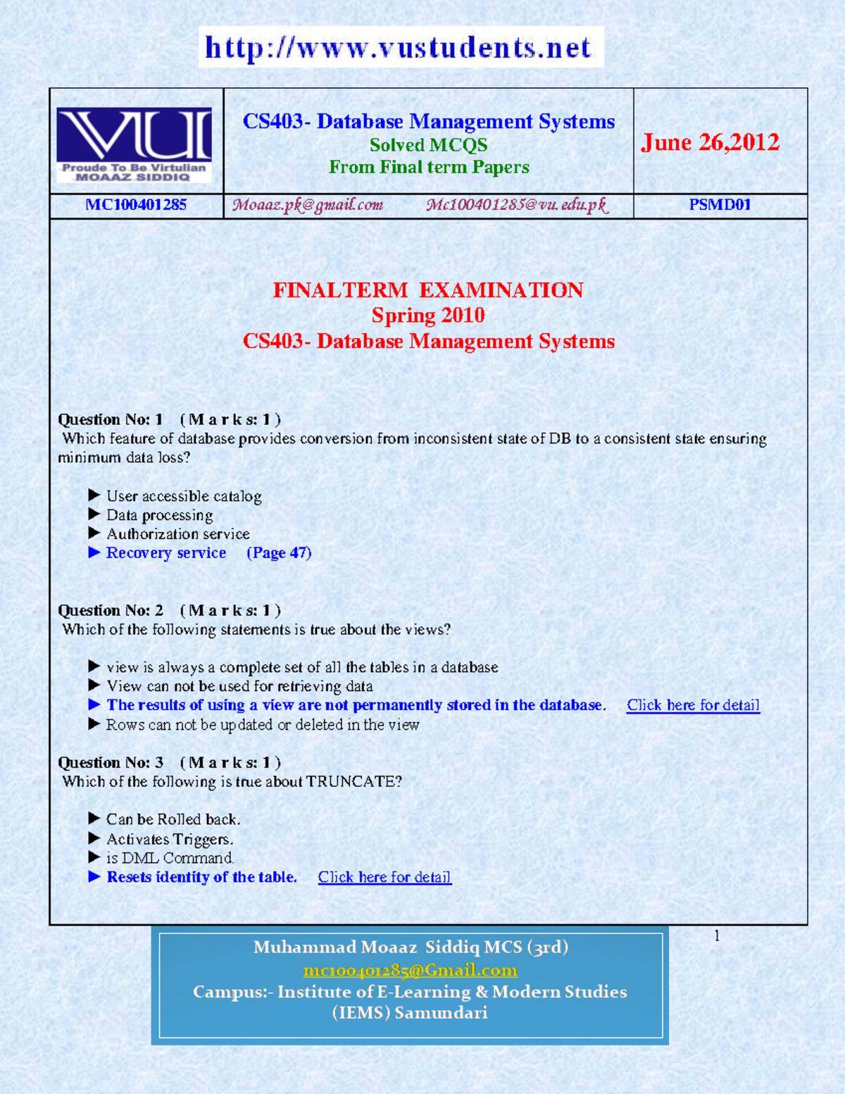 CS403 Final TERM Solved MCQS - CS403- Database Management Systems Solved MCQS From Final term ...