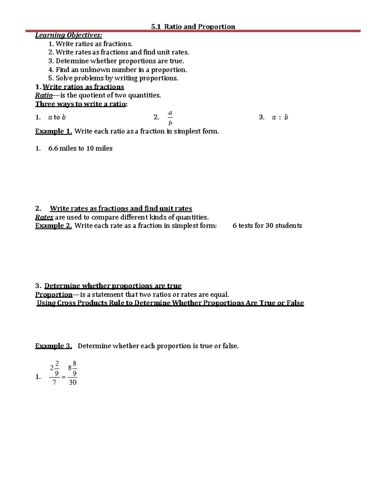 5.1 Ratio and Proportion - 5 Ratio and Proportion Learning Objectives ...
