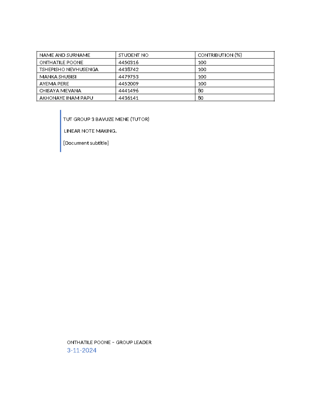 Linear NOTE Making Group 1 - NAME AND SURNAME STUDENT NO CONTRIBUTION ...