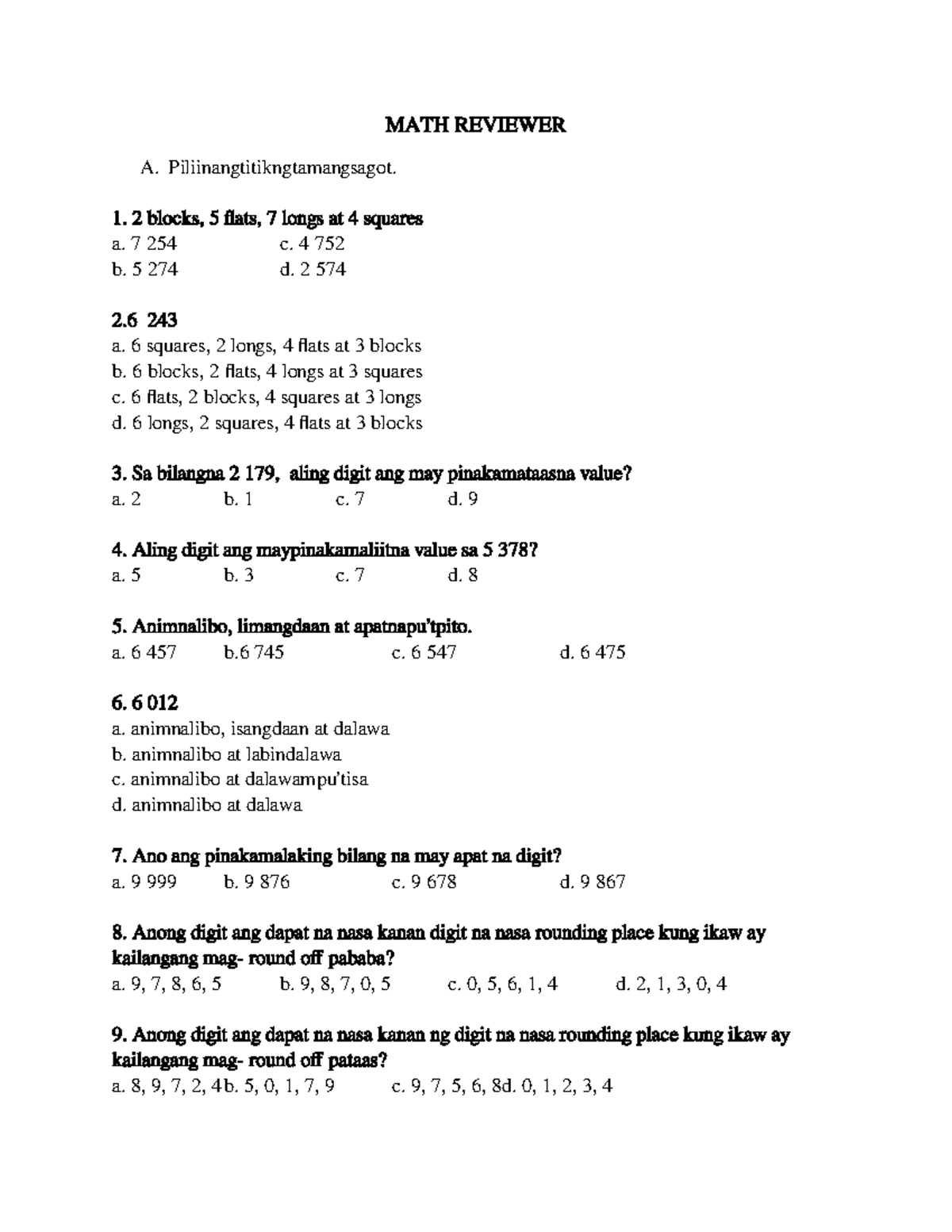 MATH Reviewer-reviewer - MATH REVIEWER A. Piliinangtitikngtamangsagot ...