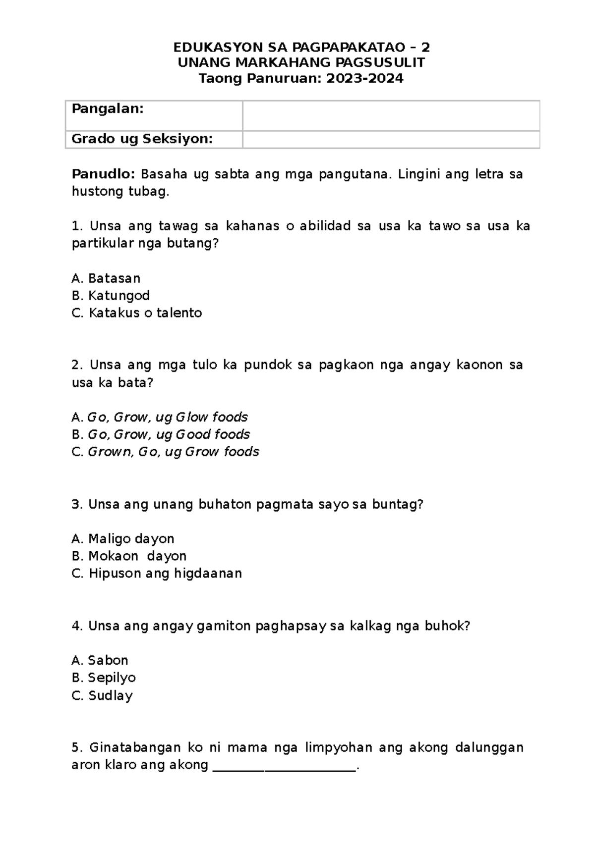Es P Grade 2 Final - Test Question - EDUKASYON SA PAGPAPAKATAO – 2 ...