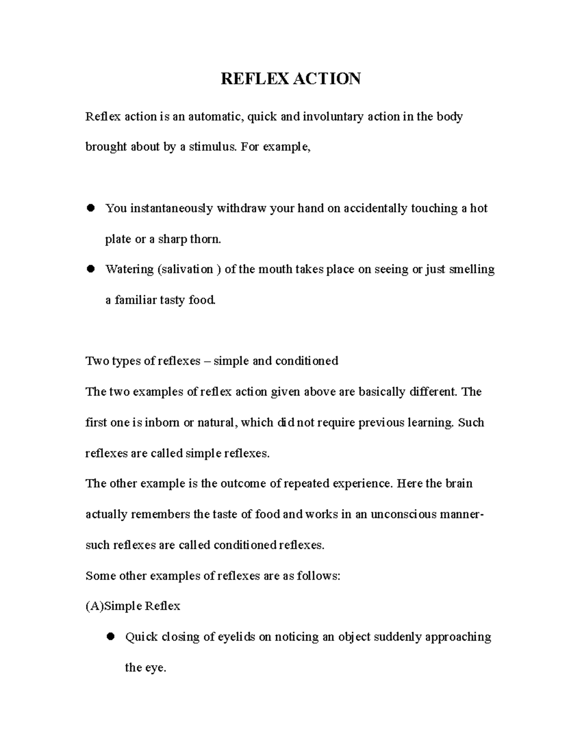 Reflex Action Notes - REFLEX ACTION Reflex action is an automatic ...