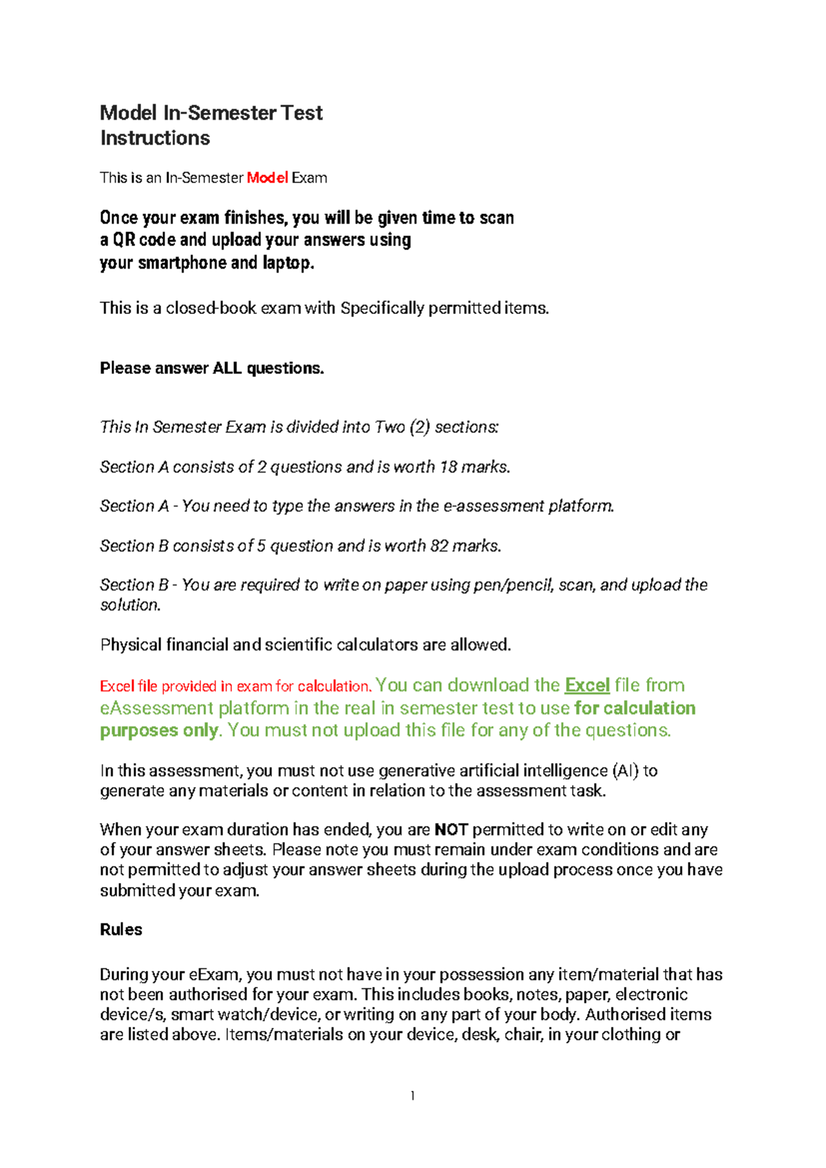 Model In-Semester Test - Model In-Semester Test Instructions This is an ...