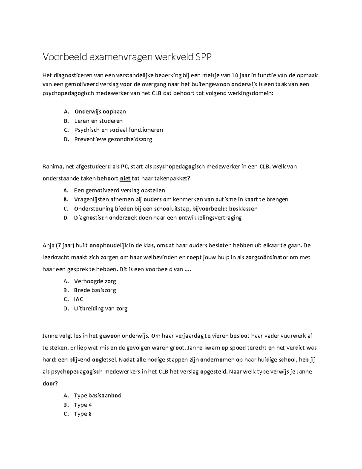 Voorbeeldexamenvragen SPP - Voorbeeld examenvragen werkveld SPP Het ...