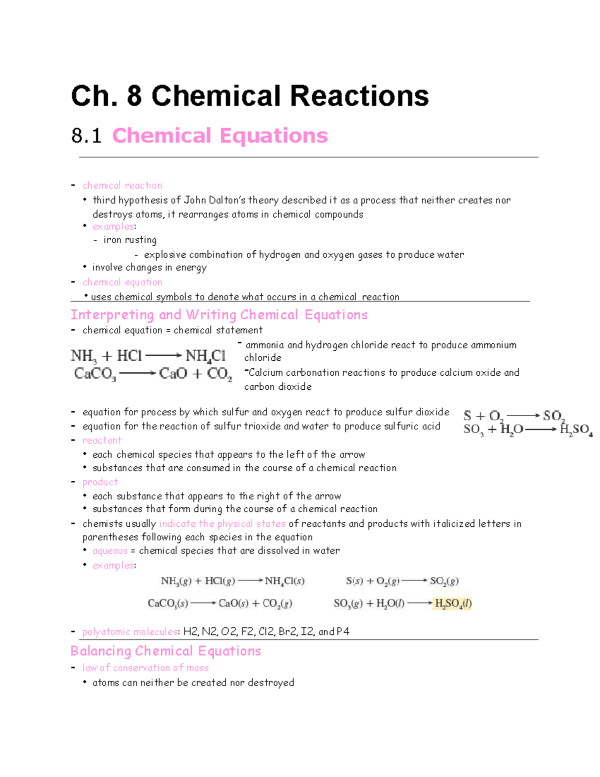 CHEM Chapter 8 - Ch. 8 Chemical Reactions 8 Chemical Equations ...