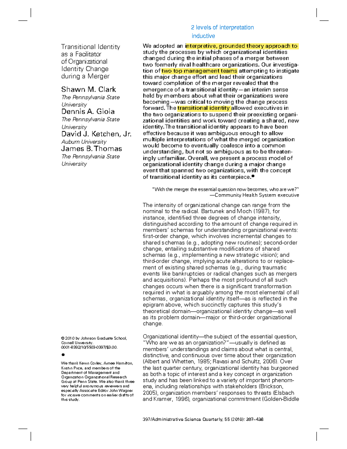Transitional Identity as a Facilitator of Org Identity Change - 397 ...