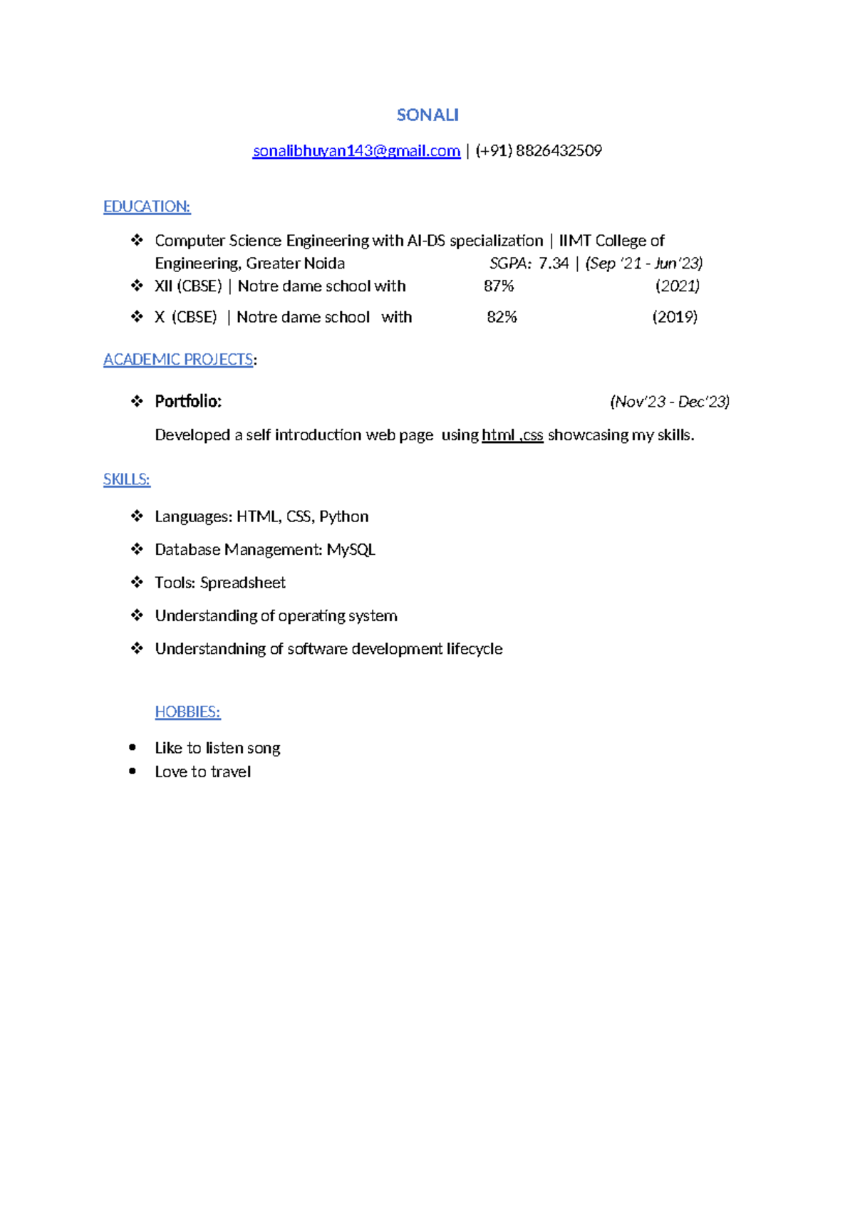 CV format for it pdf - EDUCATION: SONALI sonalibhuyan143@gmail | (+91) 8826432509 Computer - Studocu