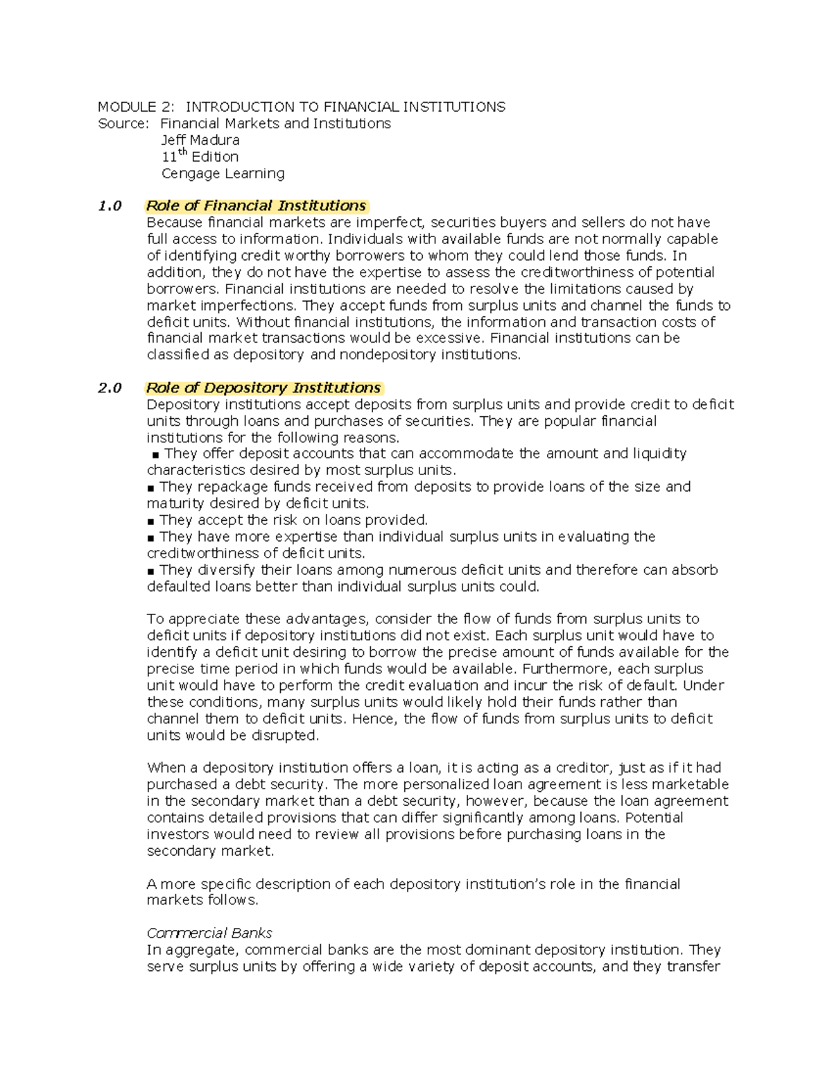 Module 2 Lecture notes (Jeff Madura) - Financial Markets - University ...