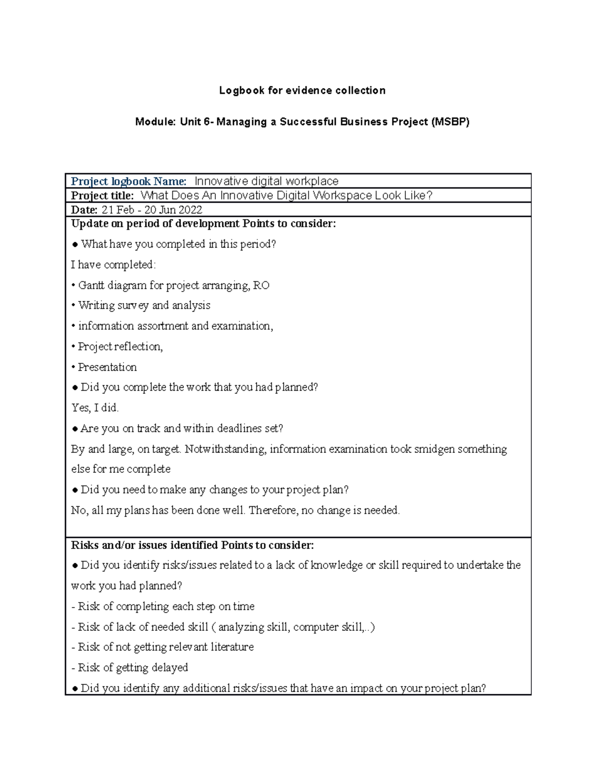 8 - business environment - Logbook for evidence collection Module: Unit ...