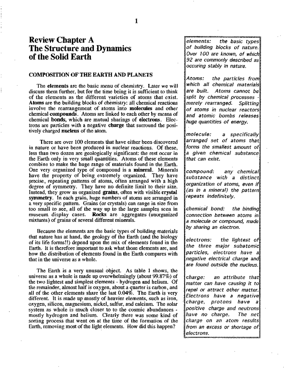 01 - Earth review chapter - 1 Review Chapter A elements: the basic ...