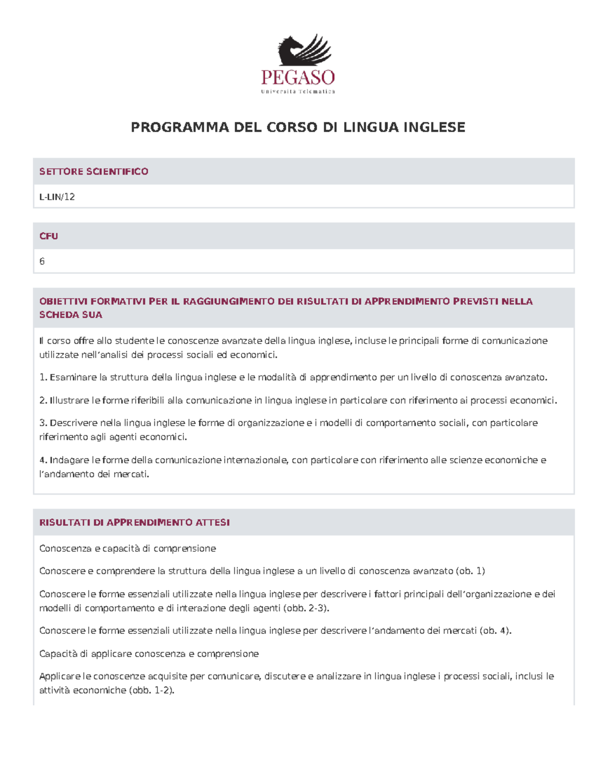 Programma-0611306 ING - PROGRAMMA DEL CORSO DI LINGUA INGLESE SETTORE ...
