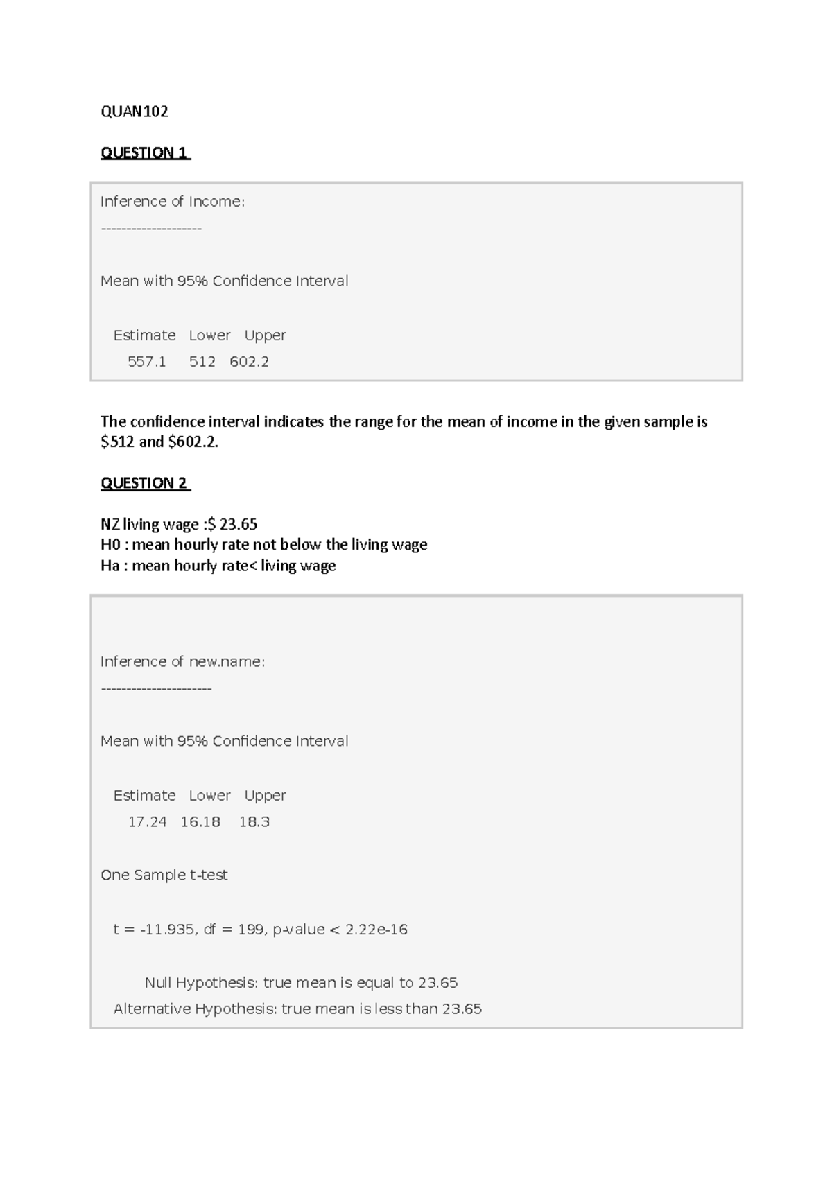QUAN102 assignment 4 - QUAN QUESTION 1 Inference of Income: Mean with 95% Confidence Interval ...