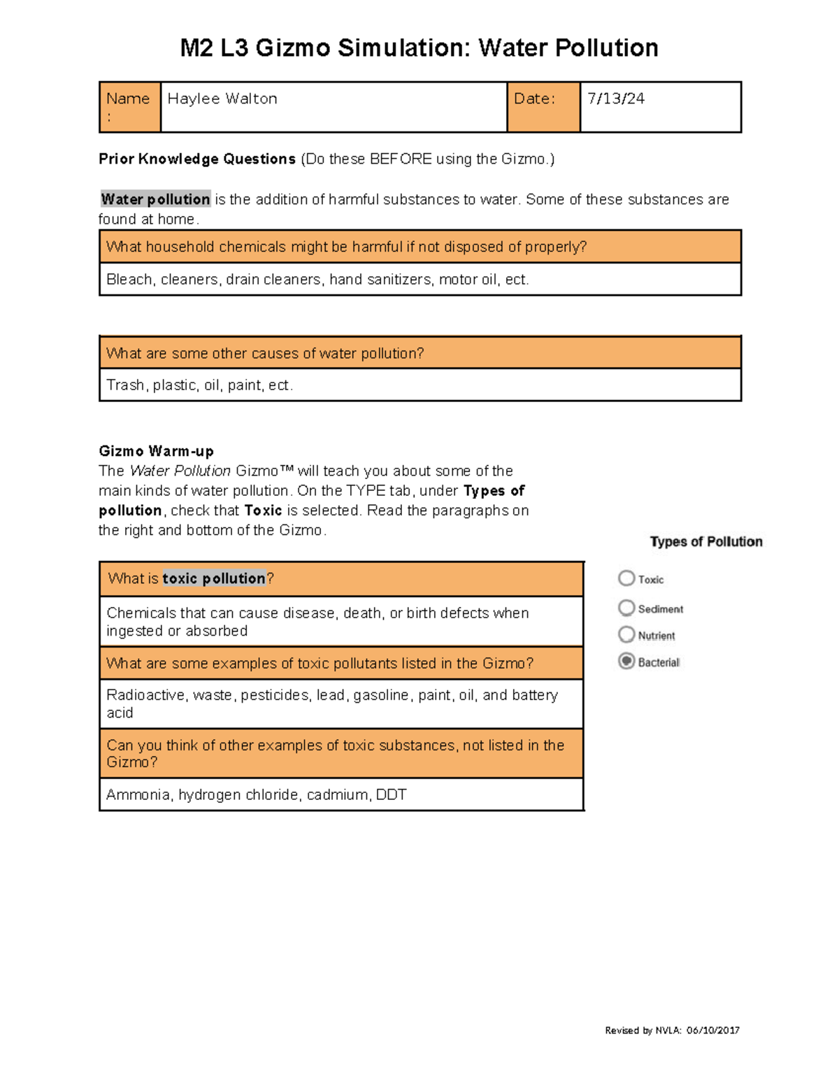 Copy of M2 L3 Gizmo Simulation Water Pollution - Name : Haylee Walton ...
