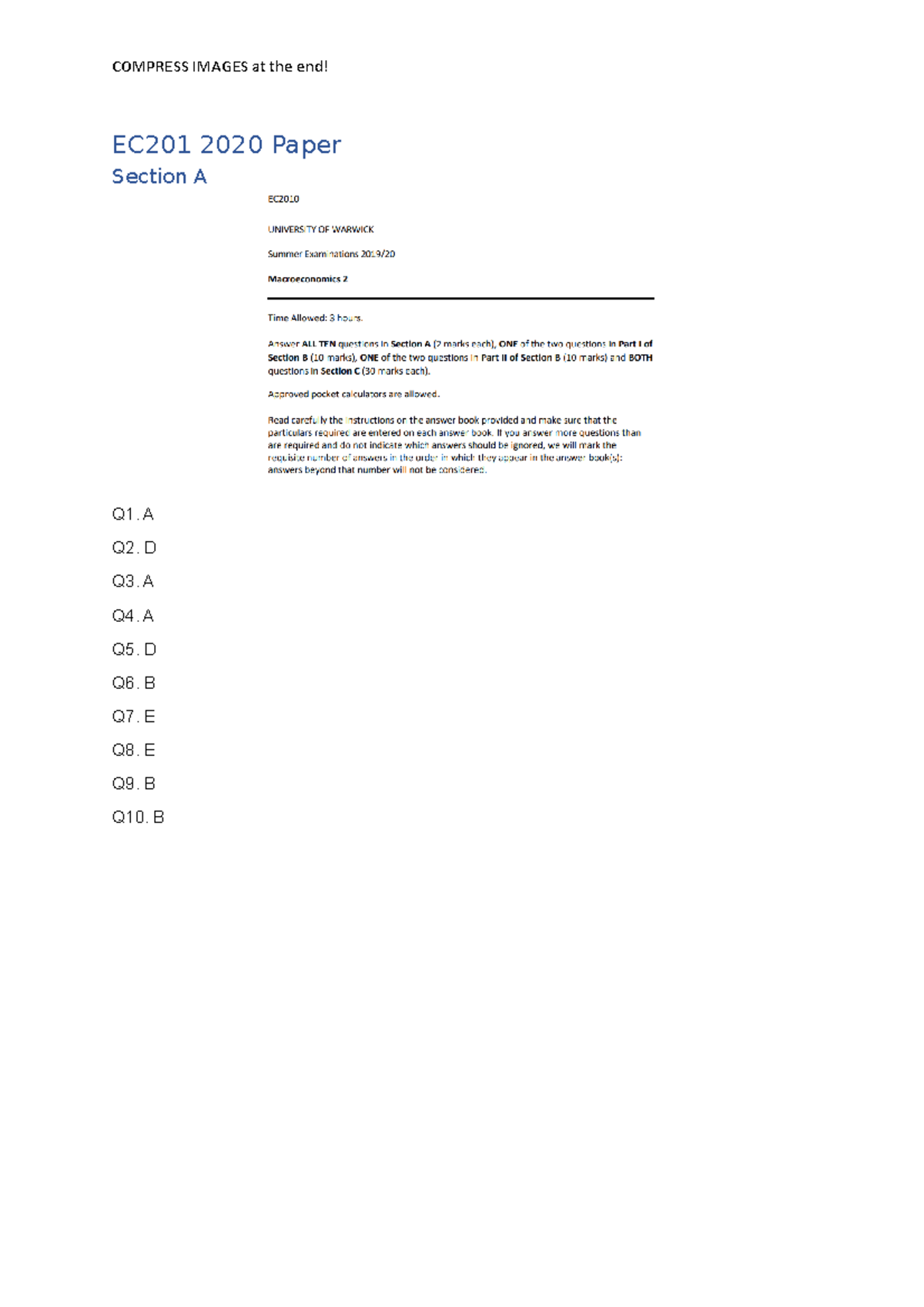 EC201 2018-20 Paper Attempts - EC201 2020 Paper Section A Q1. A Q2. D ...