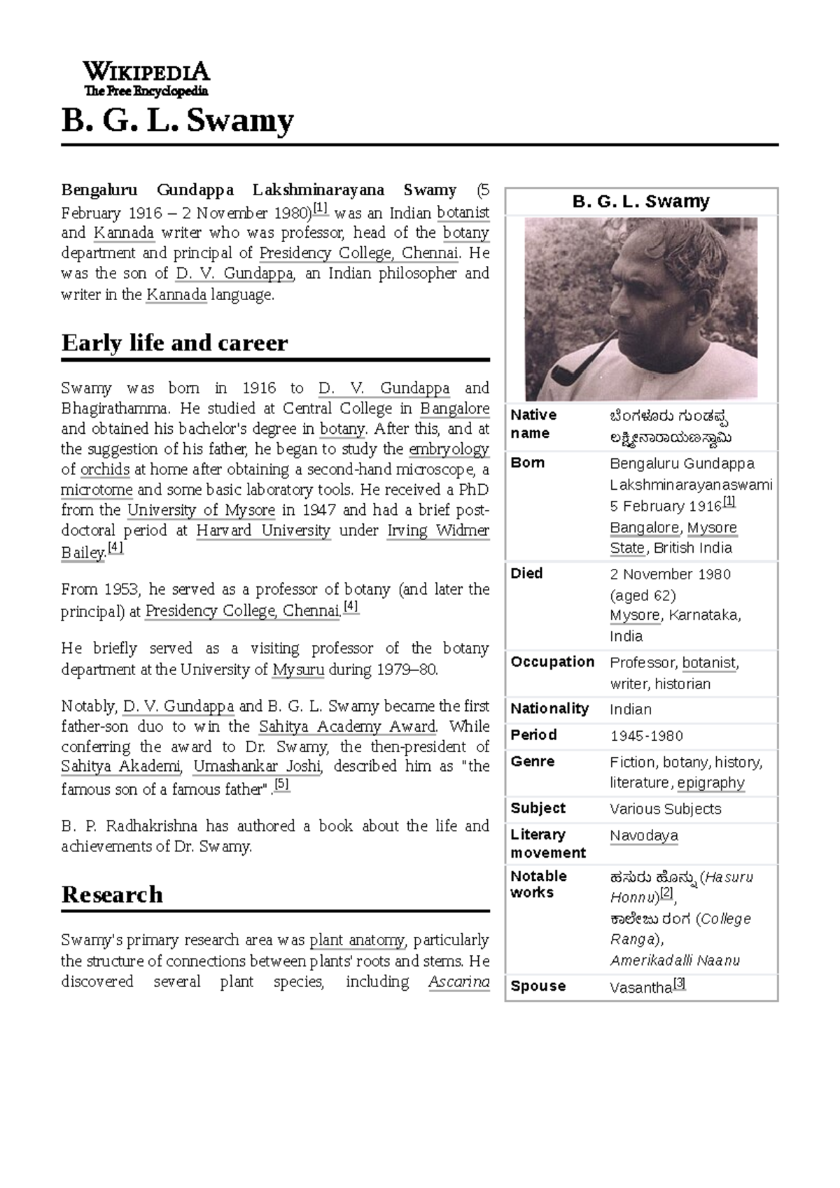 BGL swamy embryologist - B. G. L. Swamy Native name ಂಗರು ಗುಂಡಪ ಲ ೕಾಾಯಣಾ ...