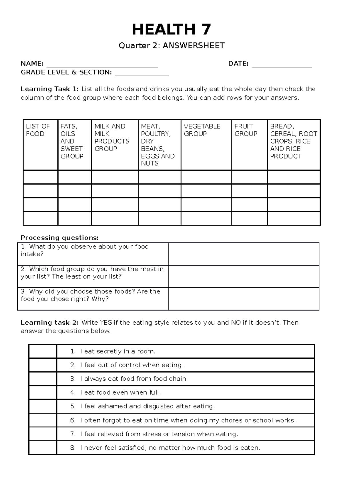 Health-Q2-AS - Hhh - HEALTH 7 Quarter 2: ANSWERSHEET NAME