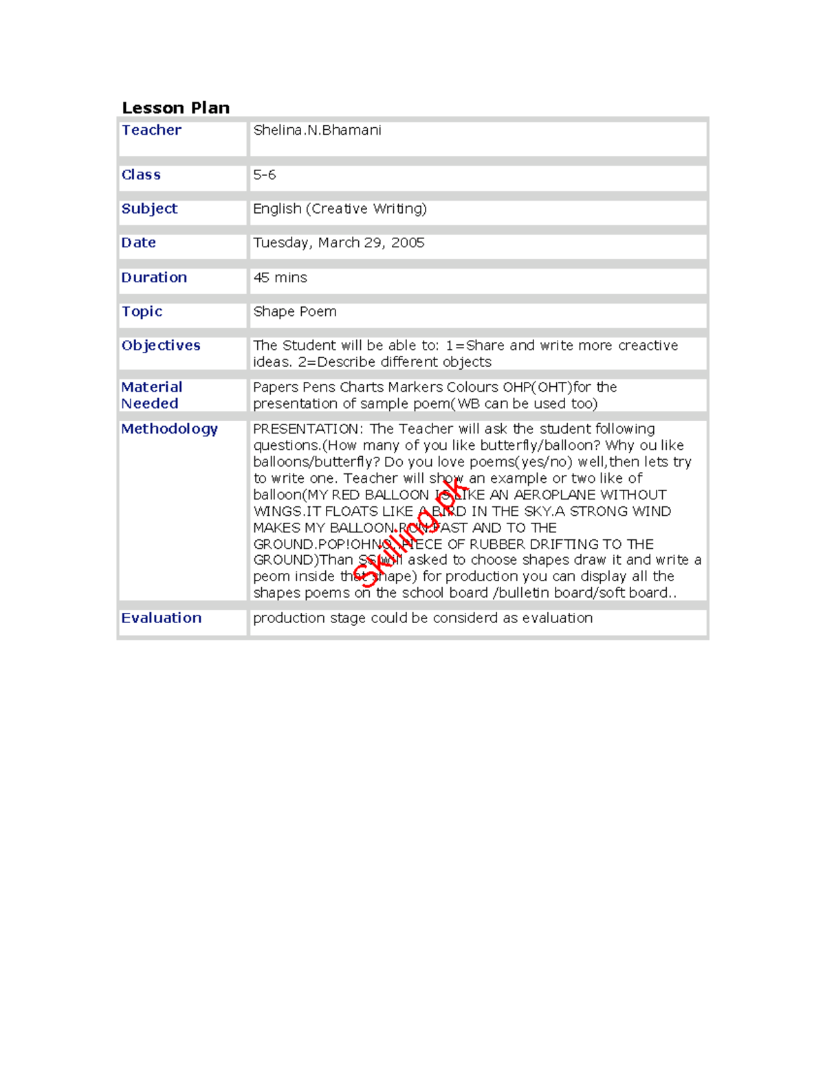 Old Lesson Plans - not goo - Teacher Shelina.N Class 5- Subject English ...