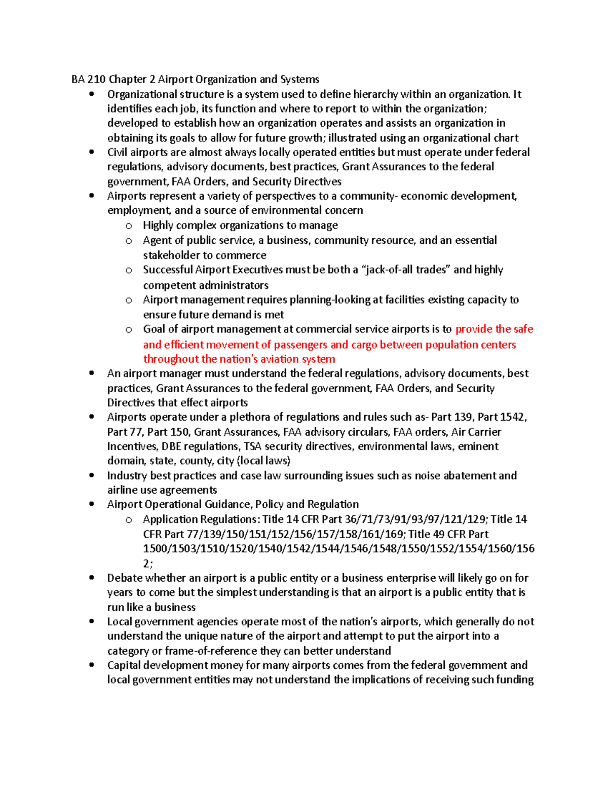 BA 310 Chapter 2 Notes - BA 210 Chapter 2 Airport Organization and ...