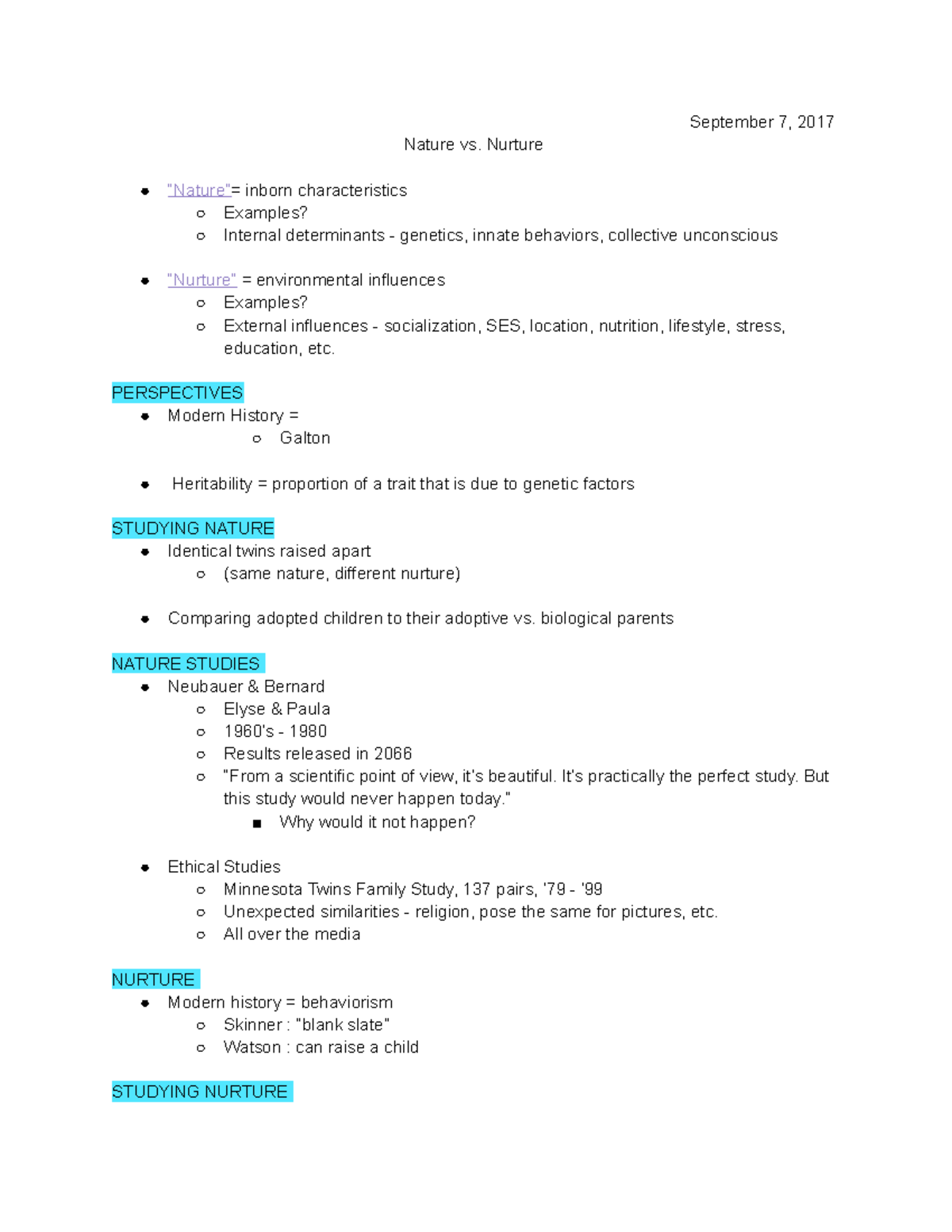 Psychology Lecture Notes - September 7, 2017 Nature vs. Nurture inborn ...