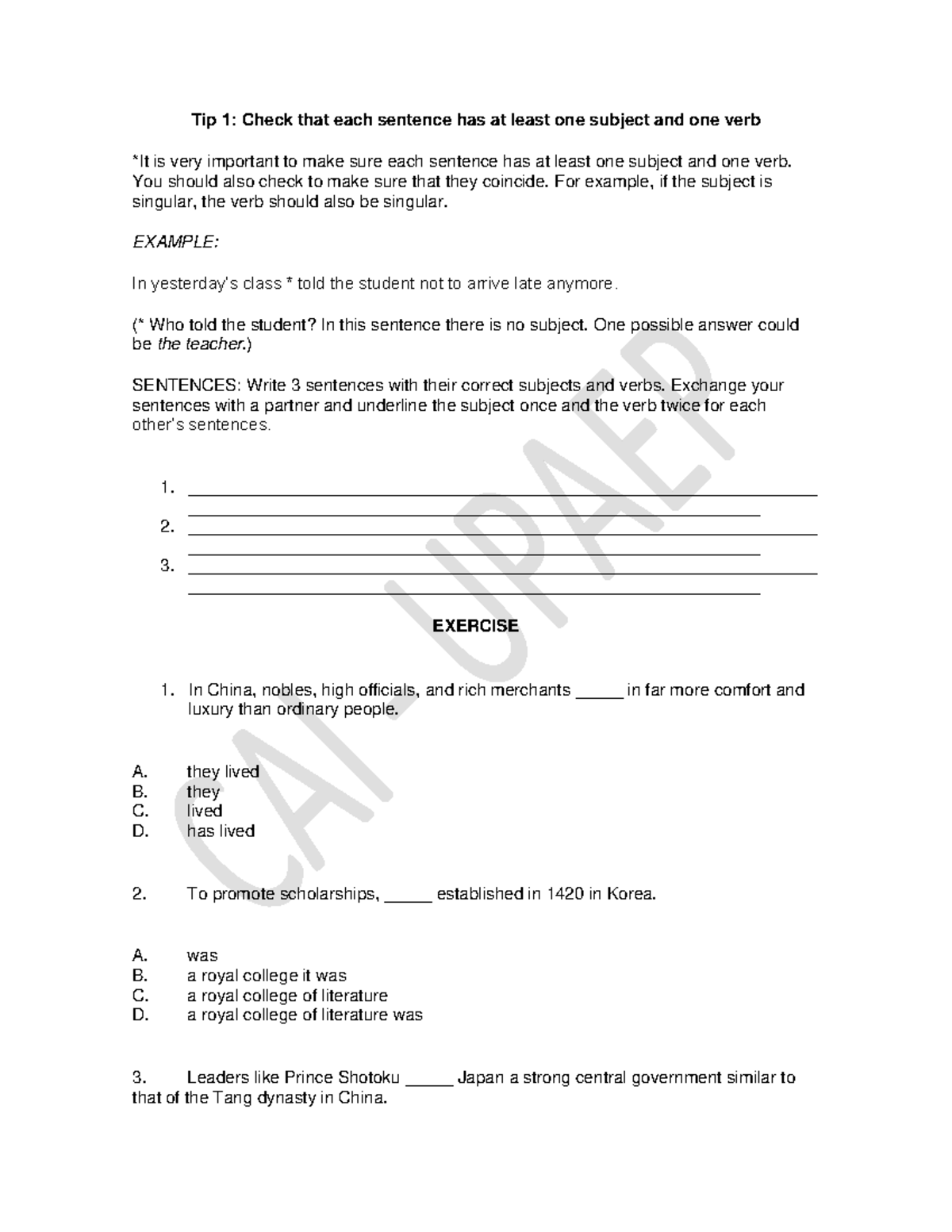 Grammar Tips - TOEFL practice - Tip 1: Check that each sentence has at ...