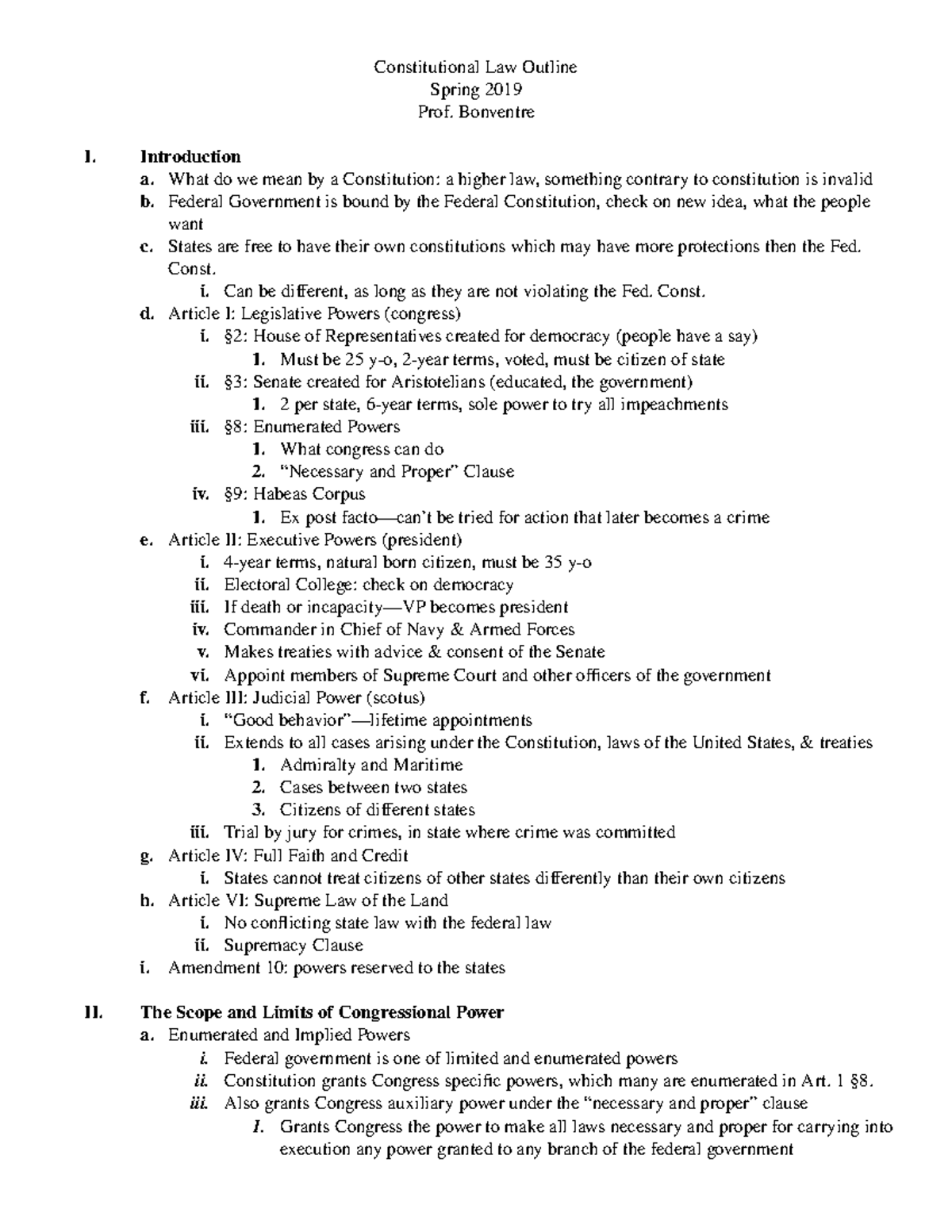Bonventre Spring 2019 Constitutional Law Outline - Constitutional Law ...