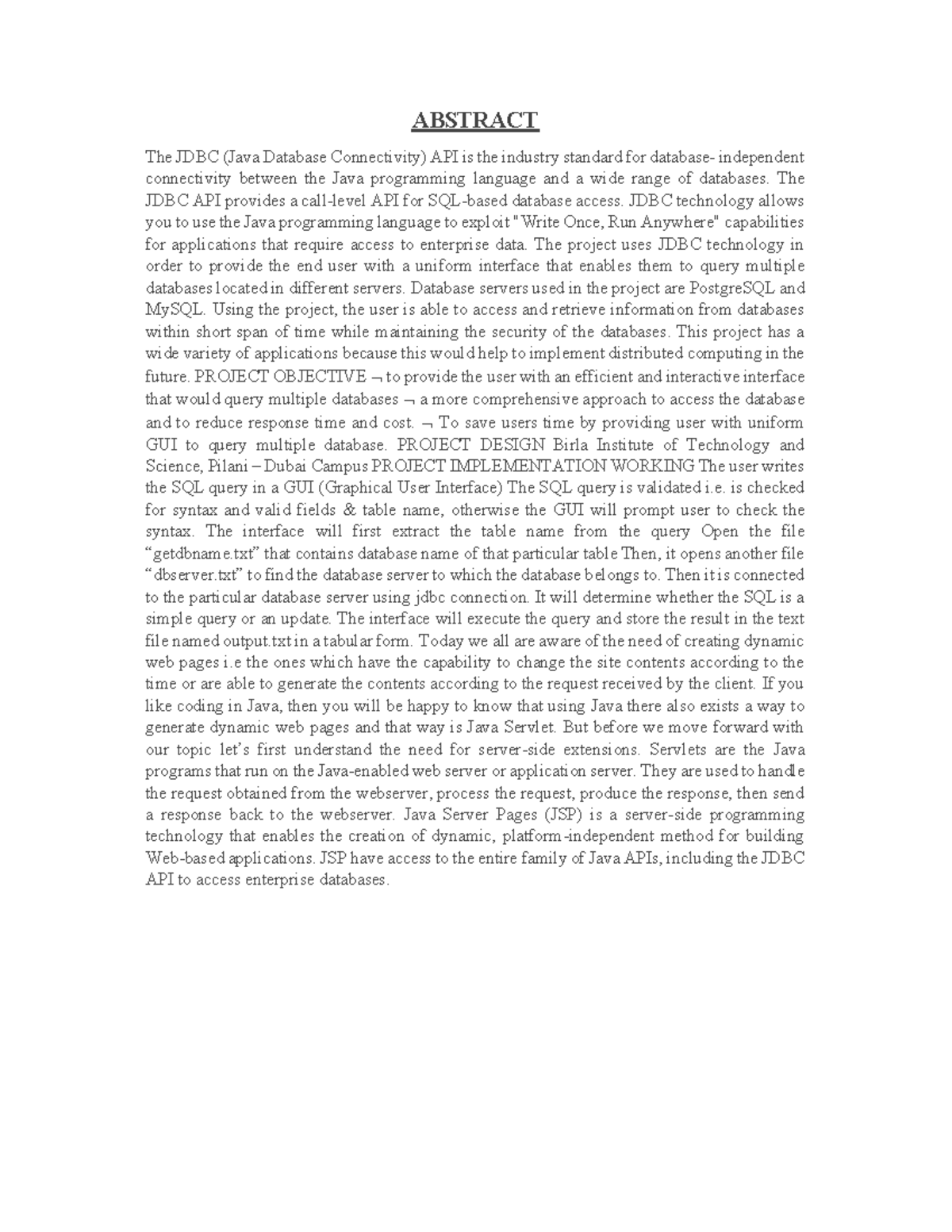 Industrial Training Report - ABSTRACT The JDBC (Java Database ...