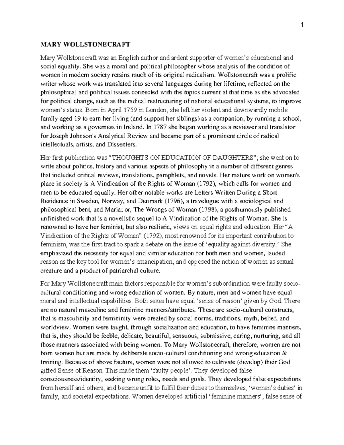 Mary Wollstonecraft - MARY WOLLSTONECRAFT Mary Wollstonecraft was an ...