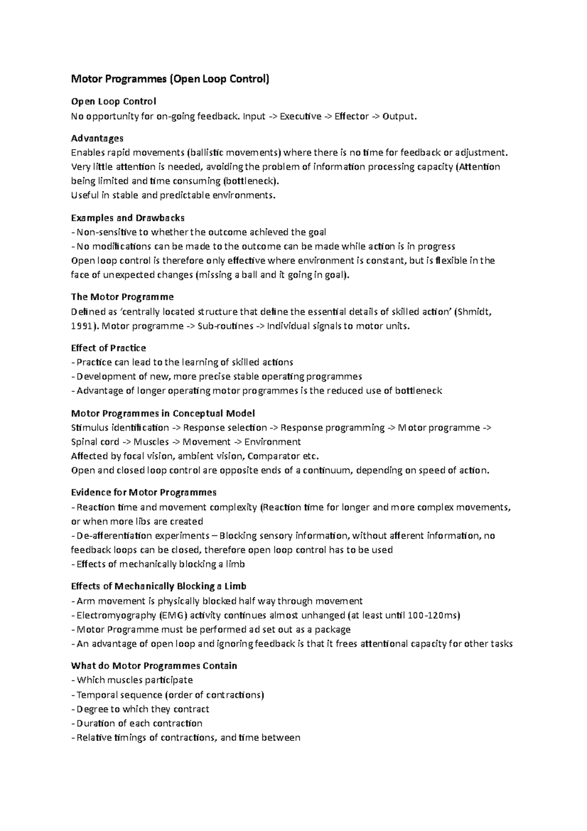 Lecture 5 Motor Programmes (Open Loop Control) - Motor Programmes (Open ...