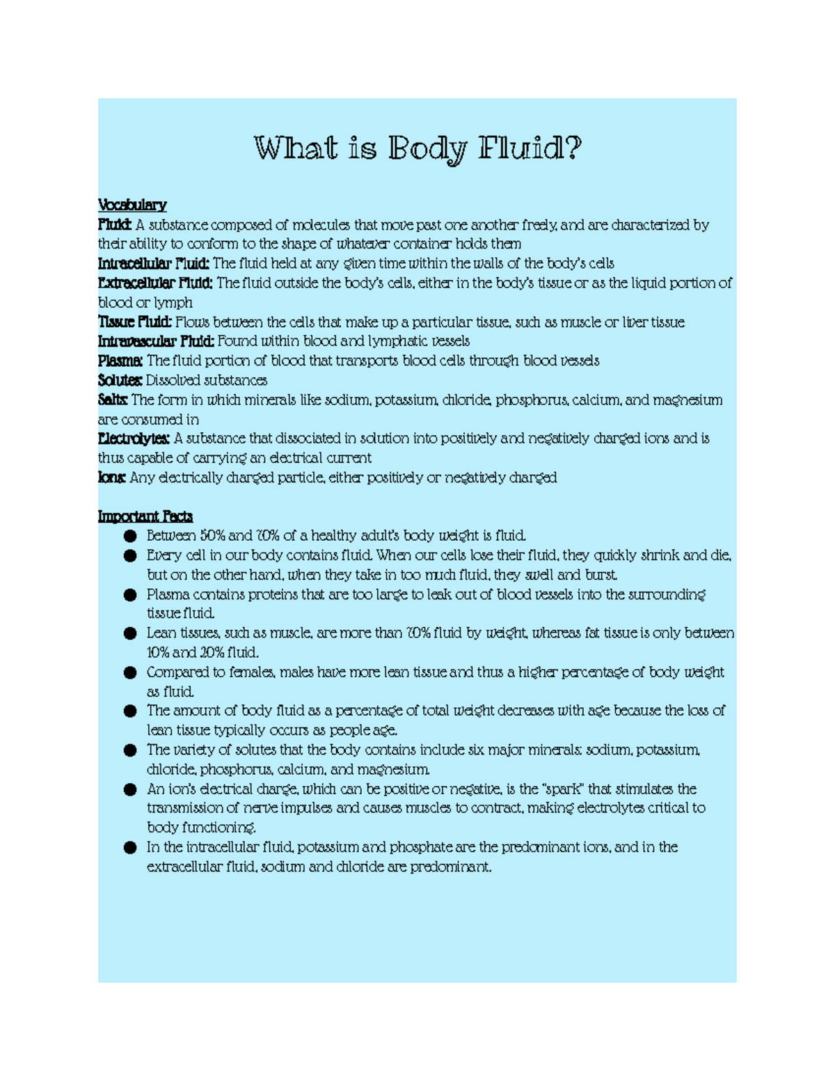 Ch 7 1 Notes What Is Body Fluid Vocabulary Fluid A Substance