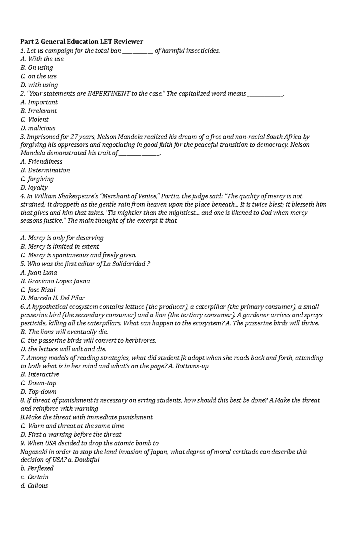 Part 2 General Education Reviewer - Part 2 General Education LET ...