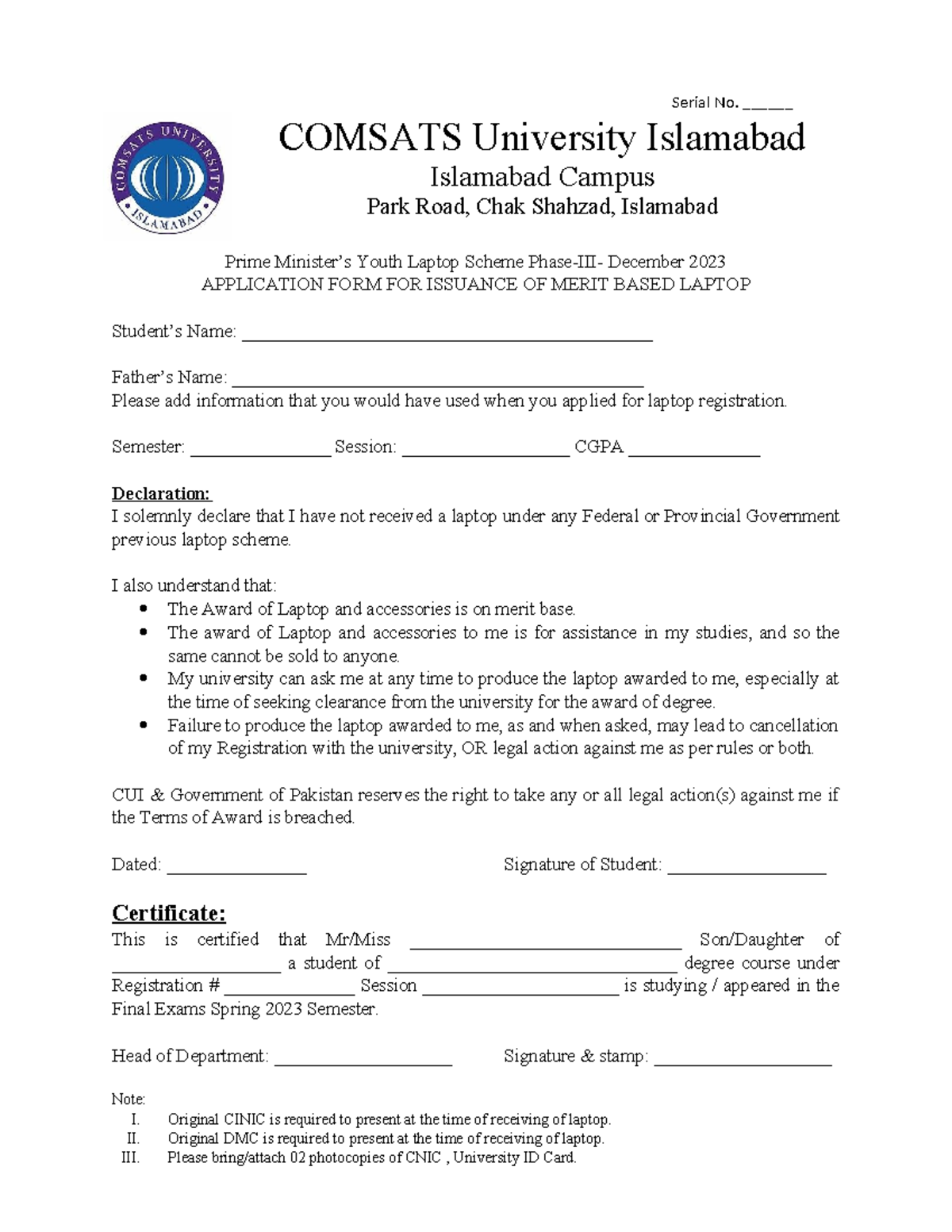 Laptop Declaration Form-2 - Serial No. ______ COMSATS University Islamabad Islamabad Campus Park ...
