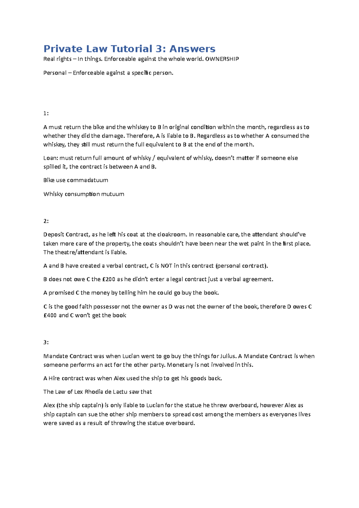 Tutorial 3 Answers - Private Law Tutorial 3: Answers Real rights – In ...