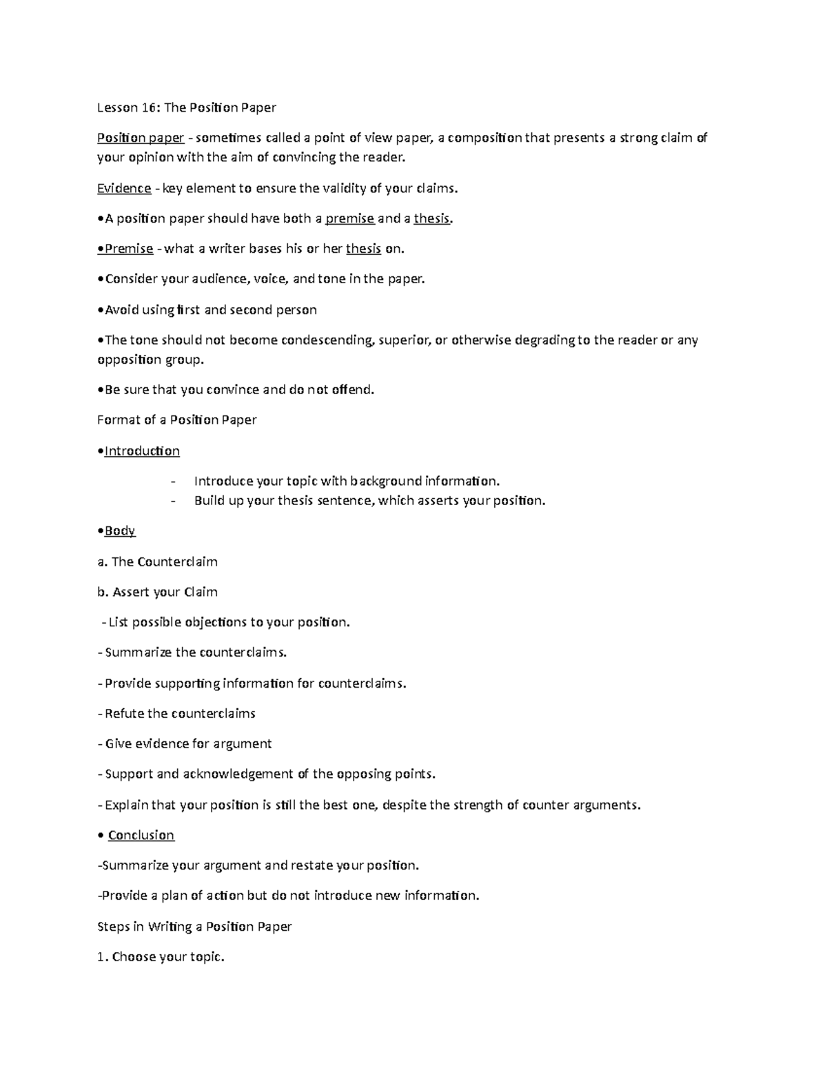 Eapp L16 - hi hello there - Lesson 16: The Position Paper Position ...