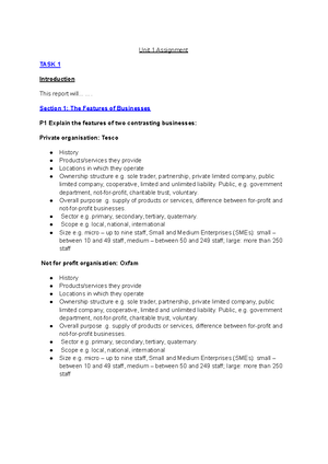 Unit 1 Exploring Business Assignment 1 task 2 - P3- Explore the organisation structures aims and ...