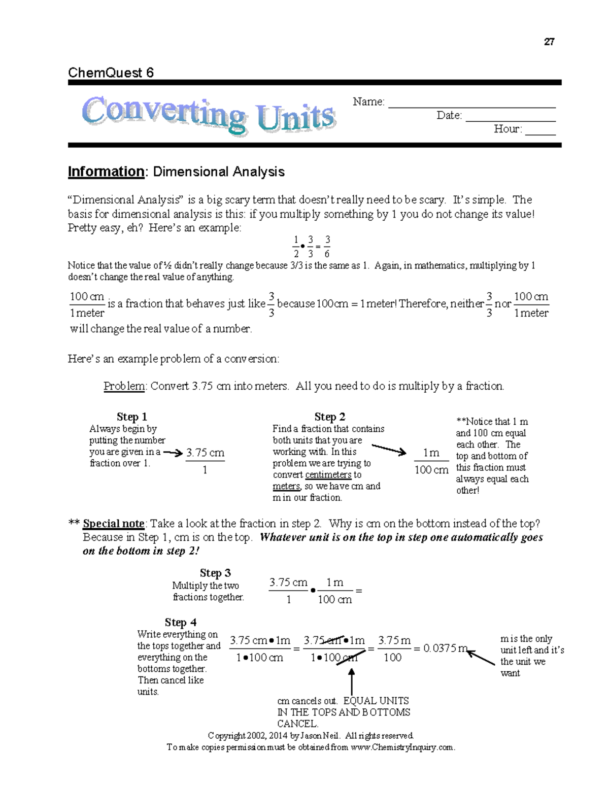 Converting Units - practice worksheet - 27 Copyright 2002, 2014 by ...