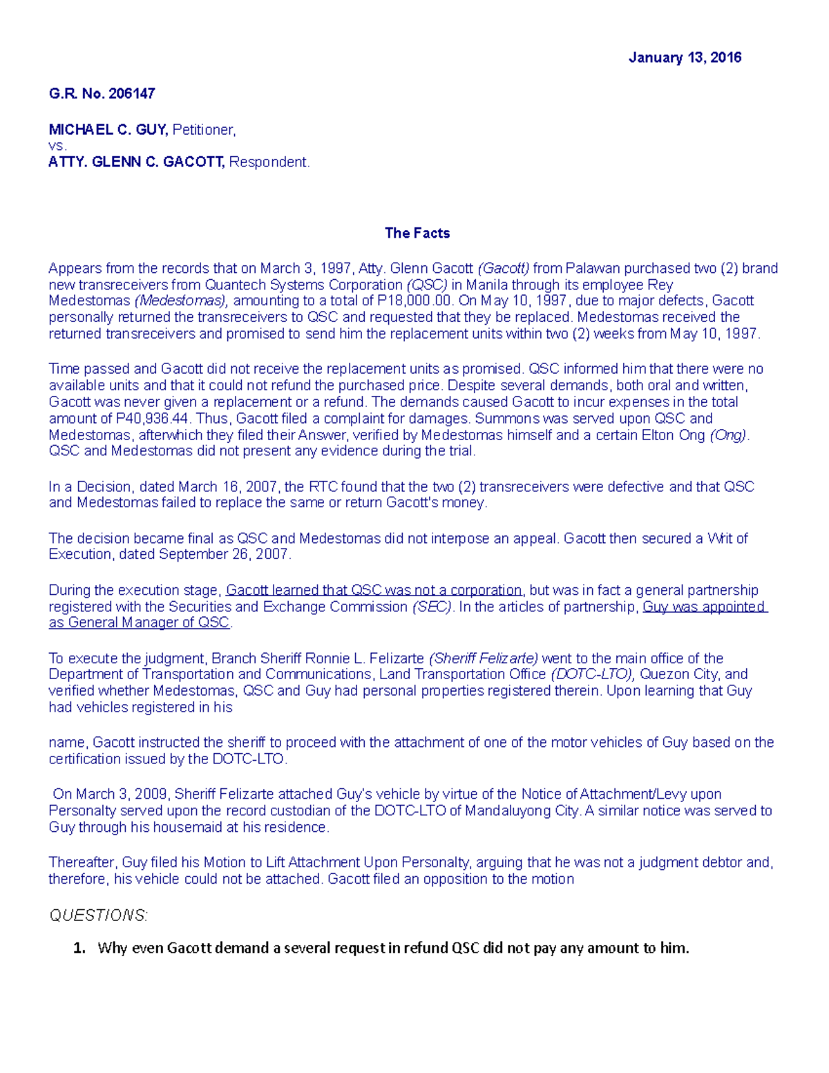 BLR-Script - lecture - January 13, 2016 G. No. 206147 MICHAEL C. GUY ...